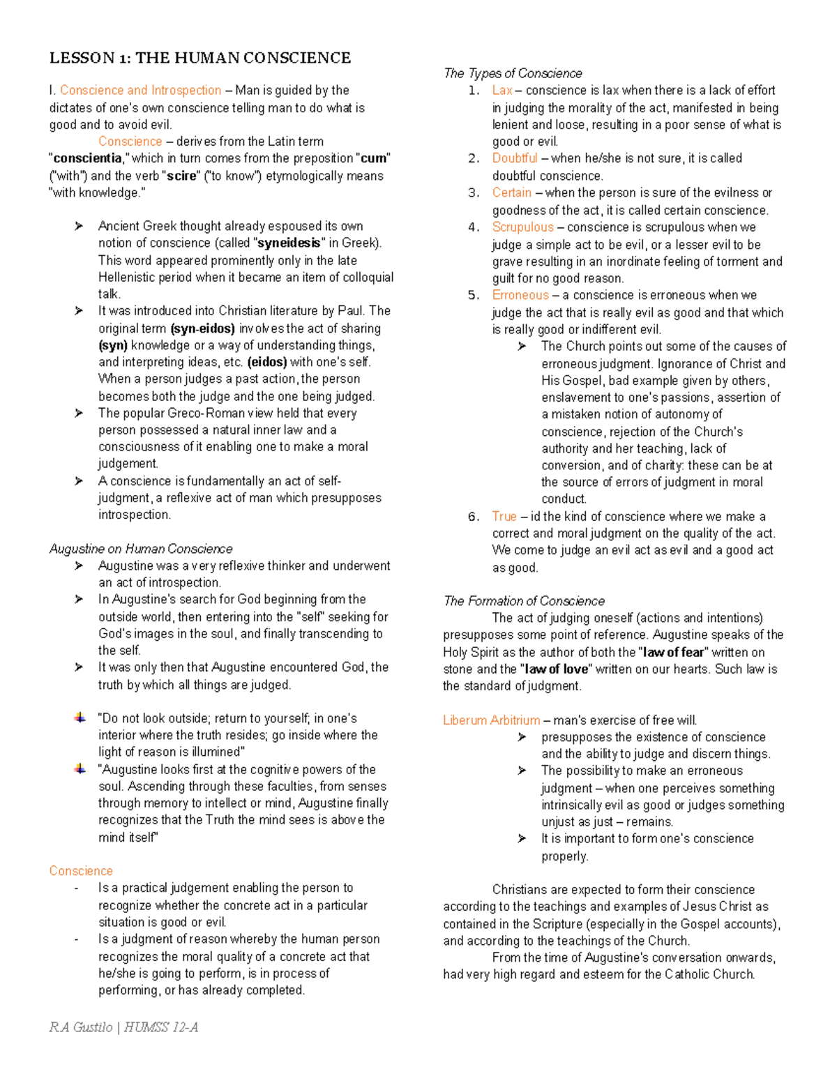 CHF L1-L2 - CHF - LESSON 1: THE HUMAN CONSCIENCE I. Conscience and ...