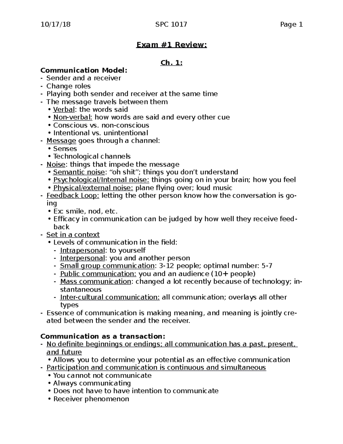 Midterm review notes - SPC 1017 Page 1 Exam Review: Ch. 1 ...