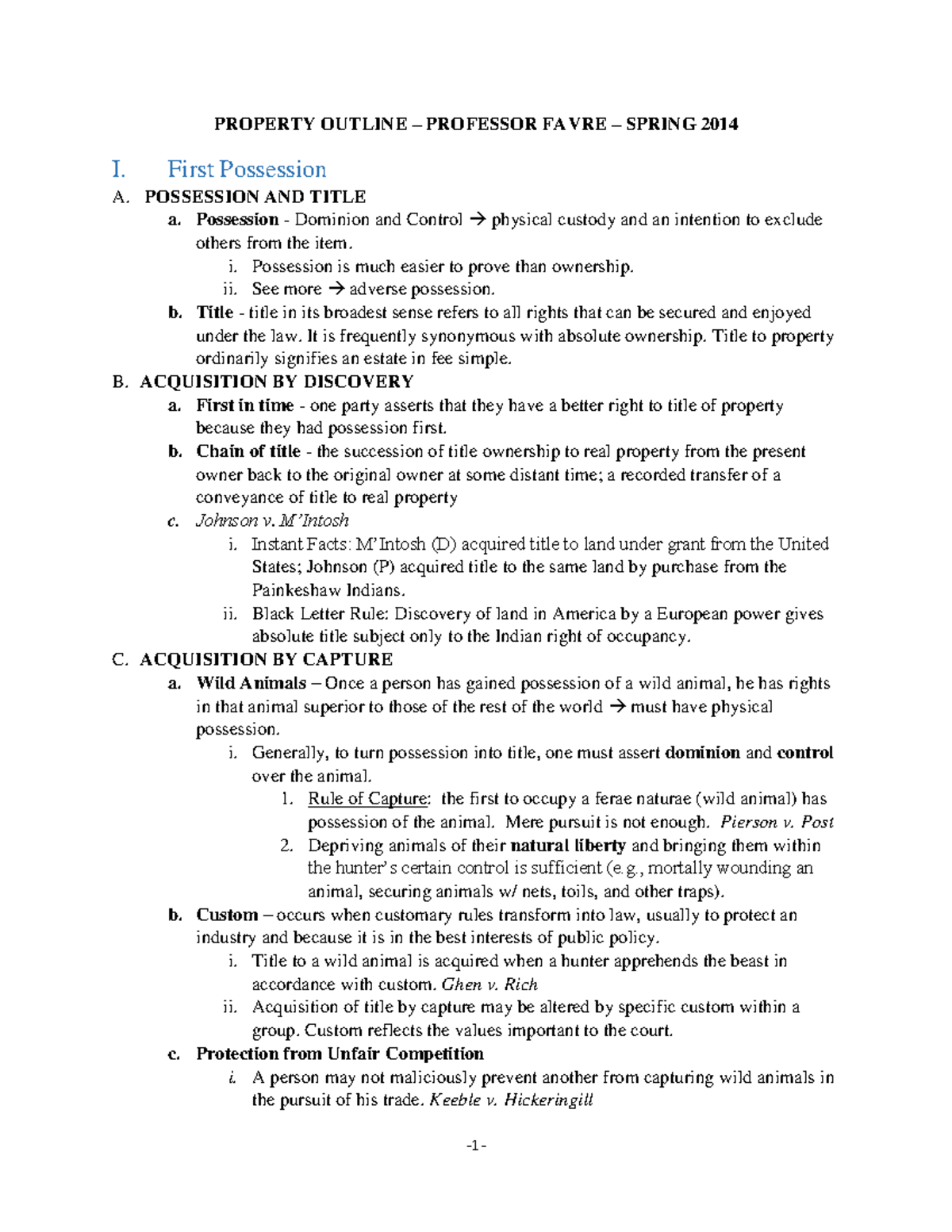 Mid term prop - outline - PROPERTY OUTLINE – PROFESSOR FAVRE – SPRING ...