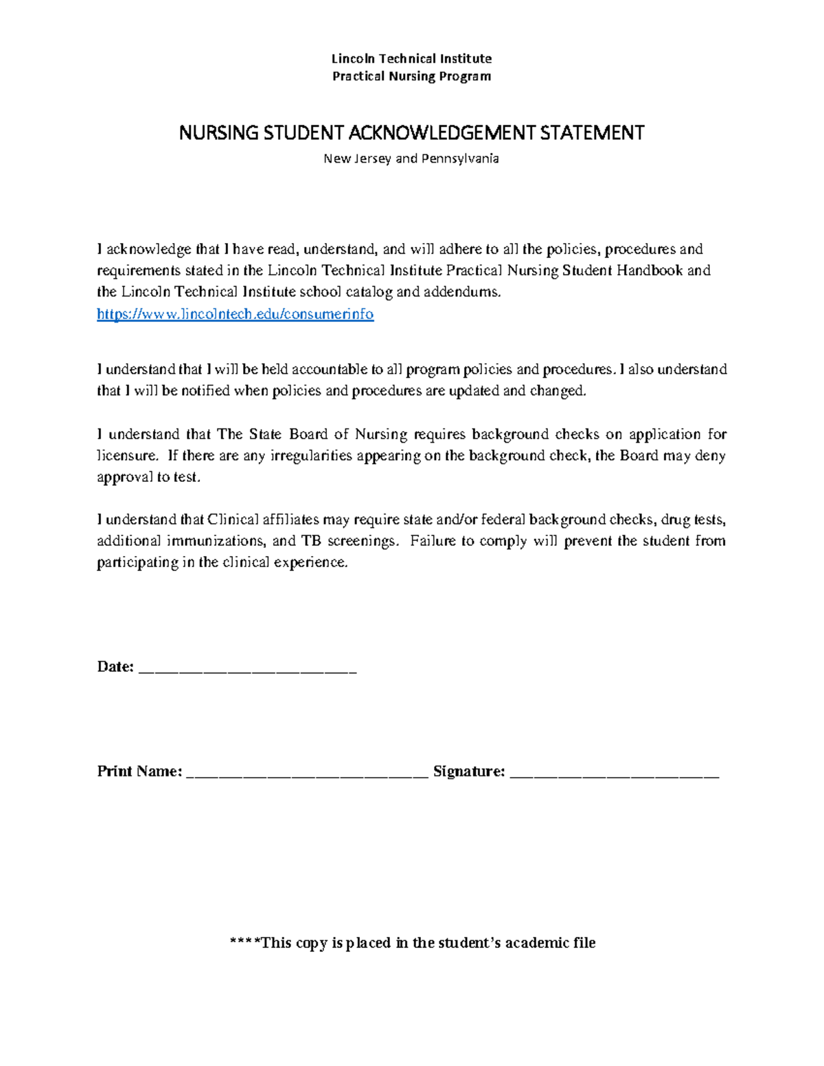 Nursing Student Acknowledgement Statement PA and NJ - Lincoln Technical ...