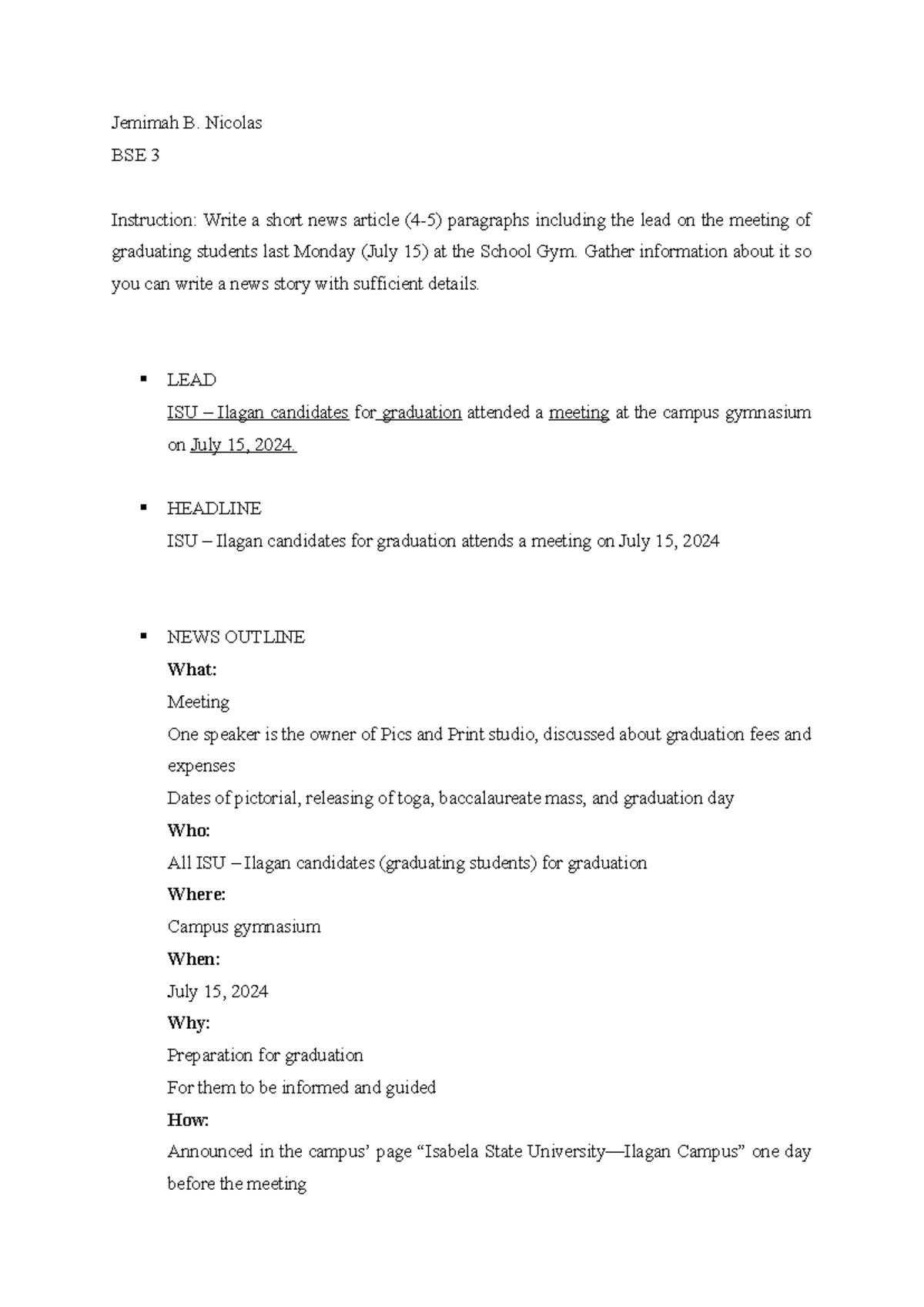 To do list - assignment - Jemimah B. Nicolas BSE 3 Instruction: Write a ...