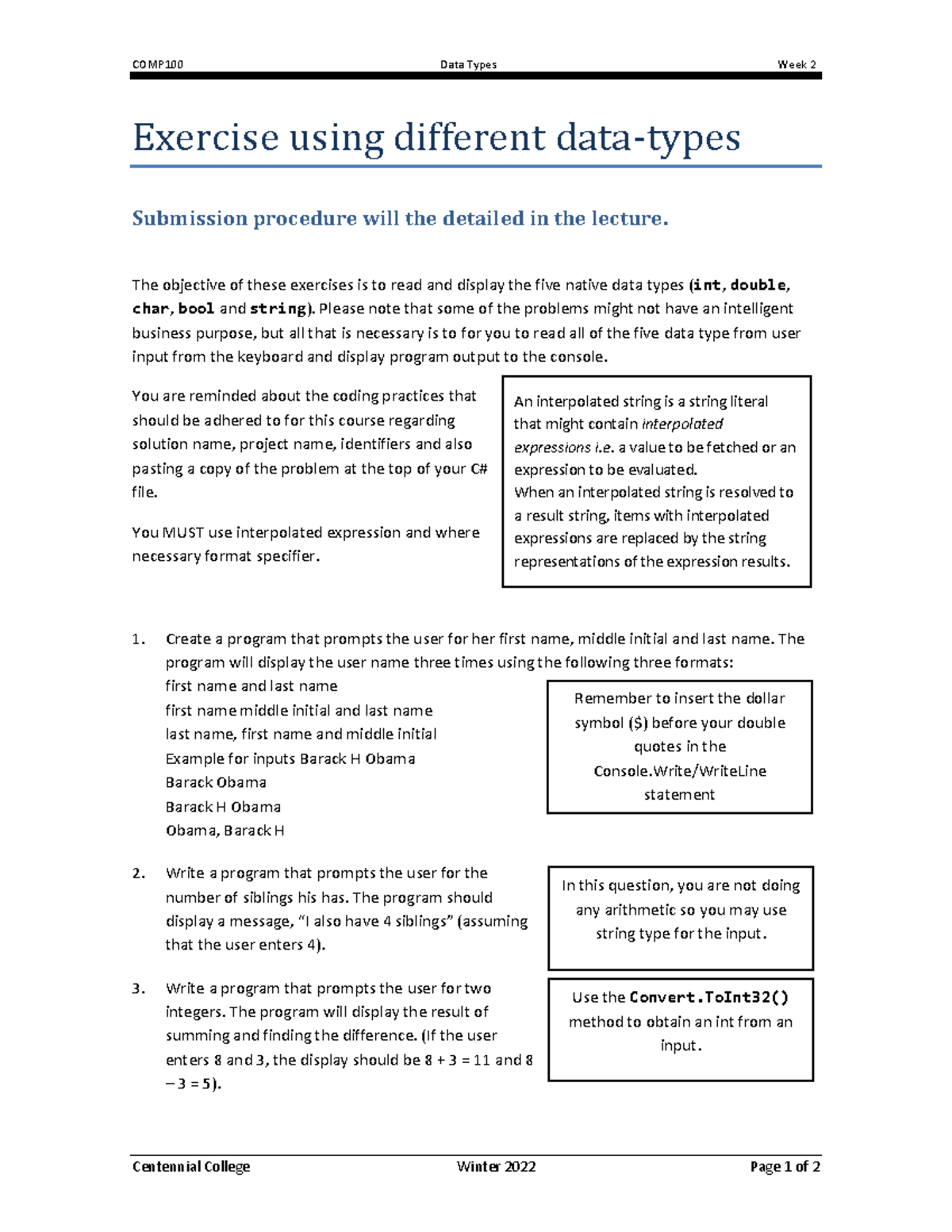 Week 02- Assignment - c# codes - COMP100 Data Types Week 2 Centennial College Winter 2022 Page 1 ...