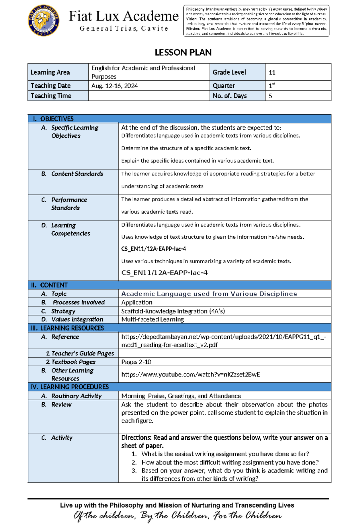 EAPP LPWK 1 - LP in EAPP - LESSON PLAN Learning Area English for Academic and Professional ...