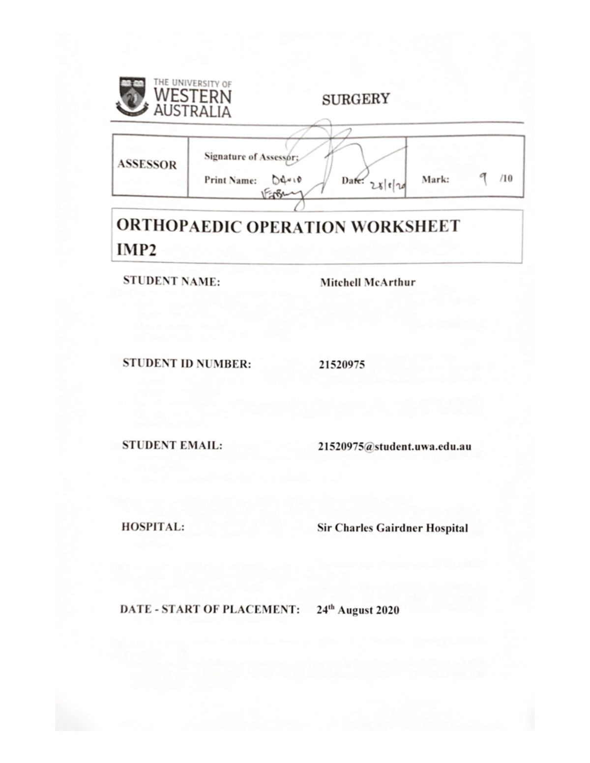 Orthopedic Operation Worksheet - IMED5311 - UWA - Studocu
