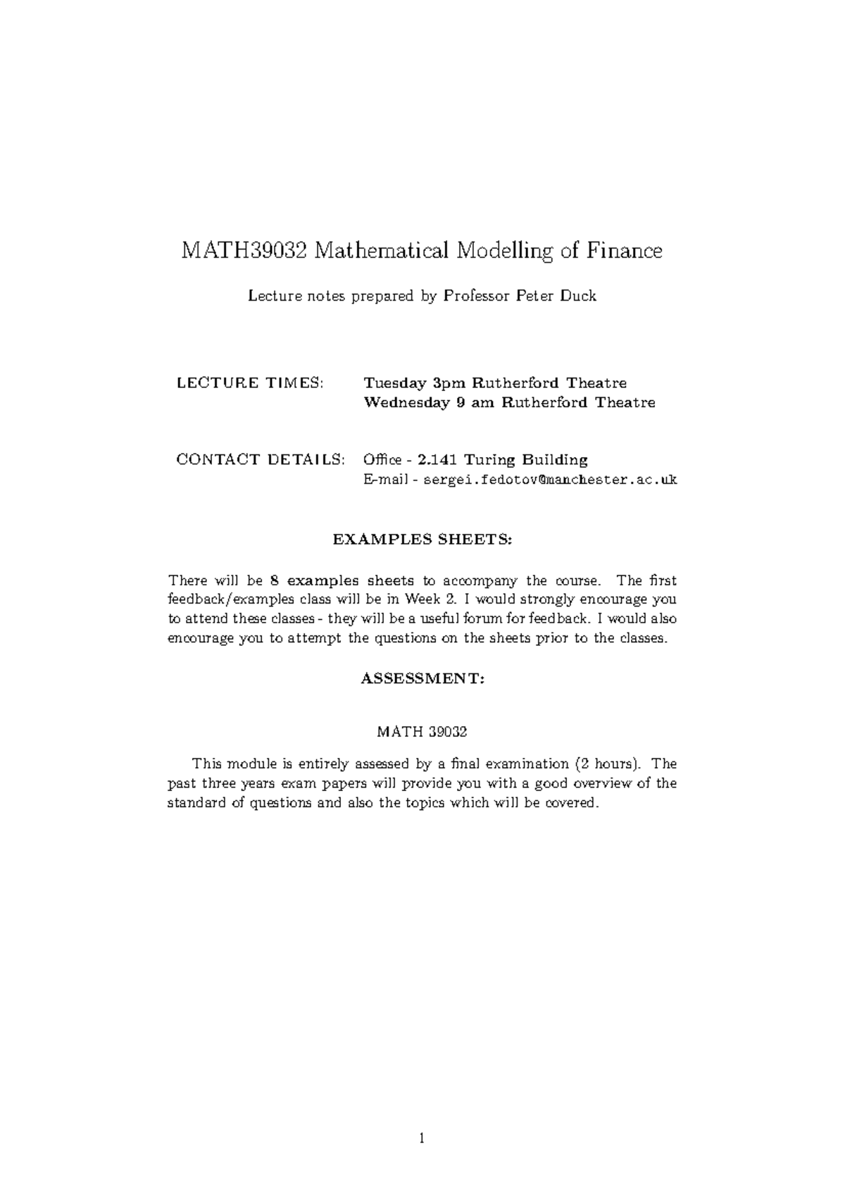 Part1 - Lecture notes 1-2 - MATH39032 Mathematical Modelling of Finance ...