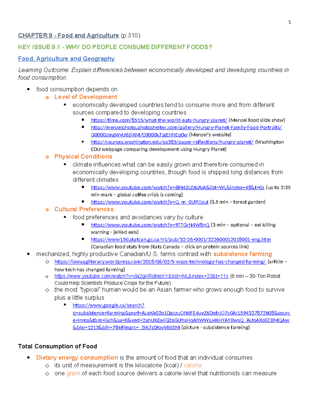 A Human Geography - Chapter 9 - Student Notes - Food and Agriculture ...