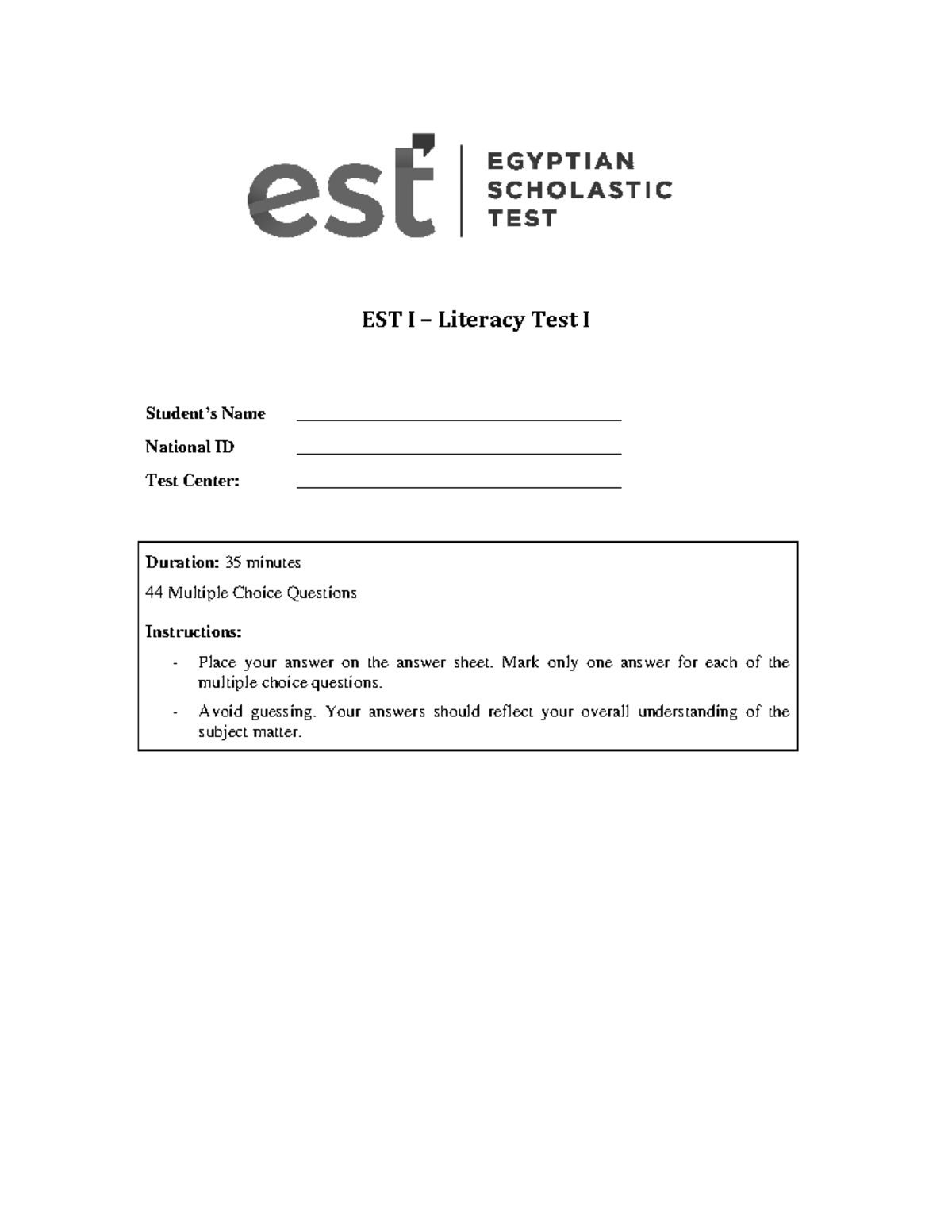 October 2020 - Important in American Diploma - EST I ñ Literacy Test I ...