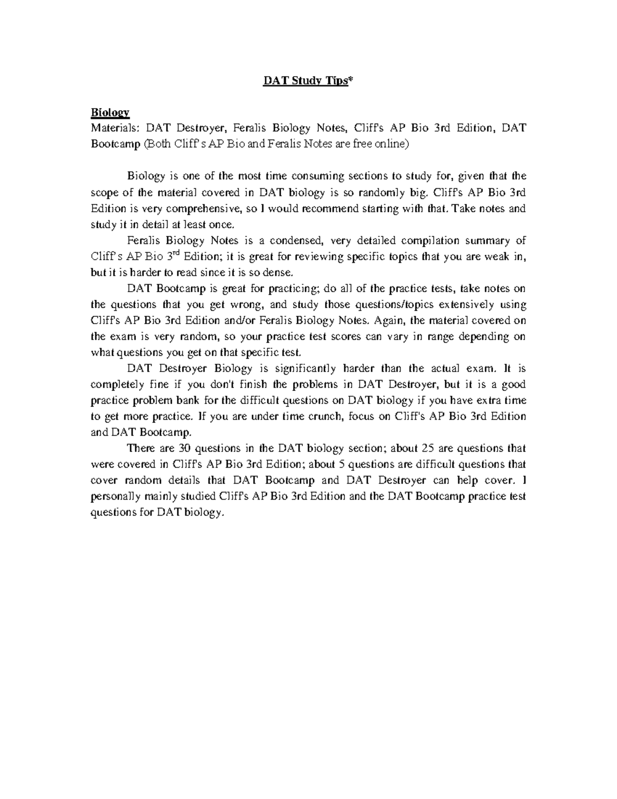 Dat-study-tips - Reading - DAT Study Tips* Biology Materials: DAT ...