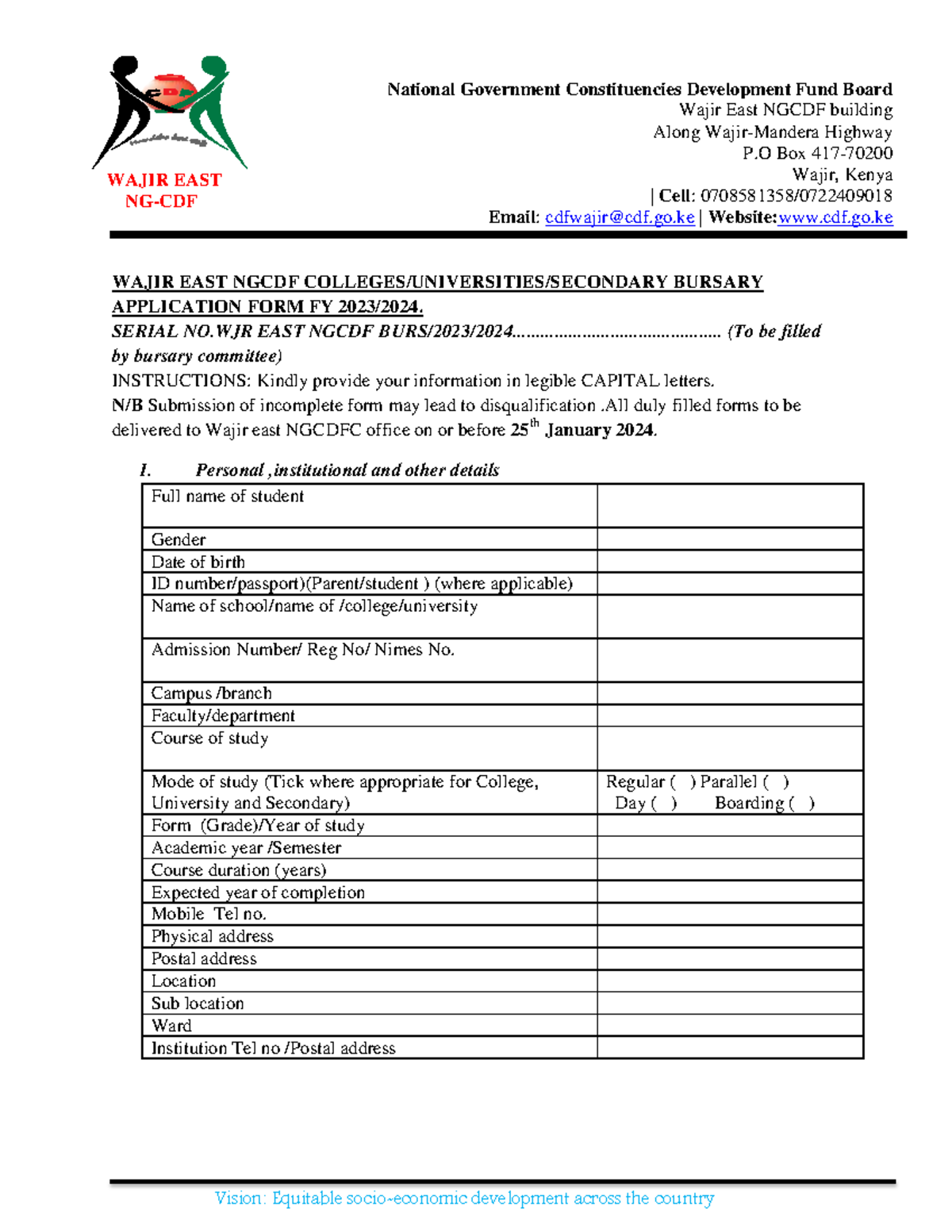 Wajir EAST NG-CDF Bursary FORM 23 - WAJIR EAST NG-CDF Wajir East NGCDF ...