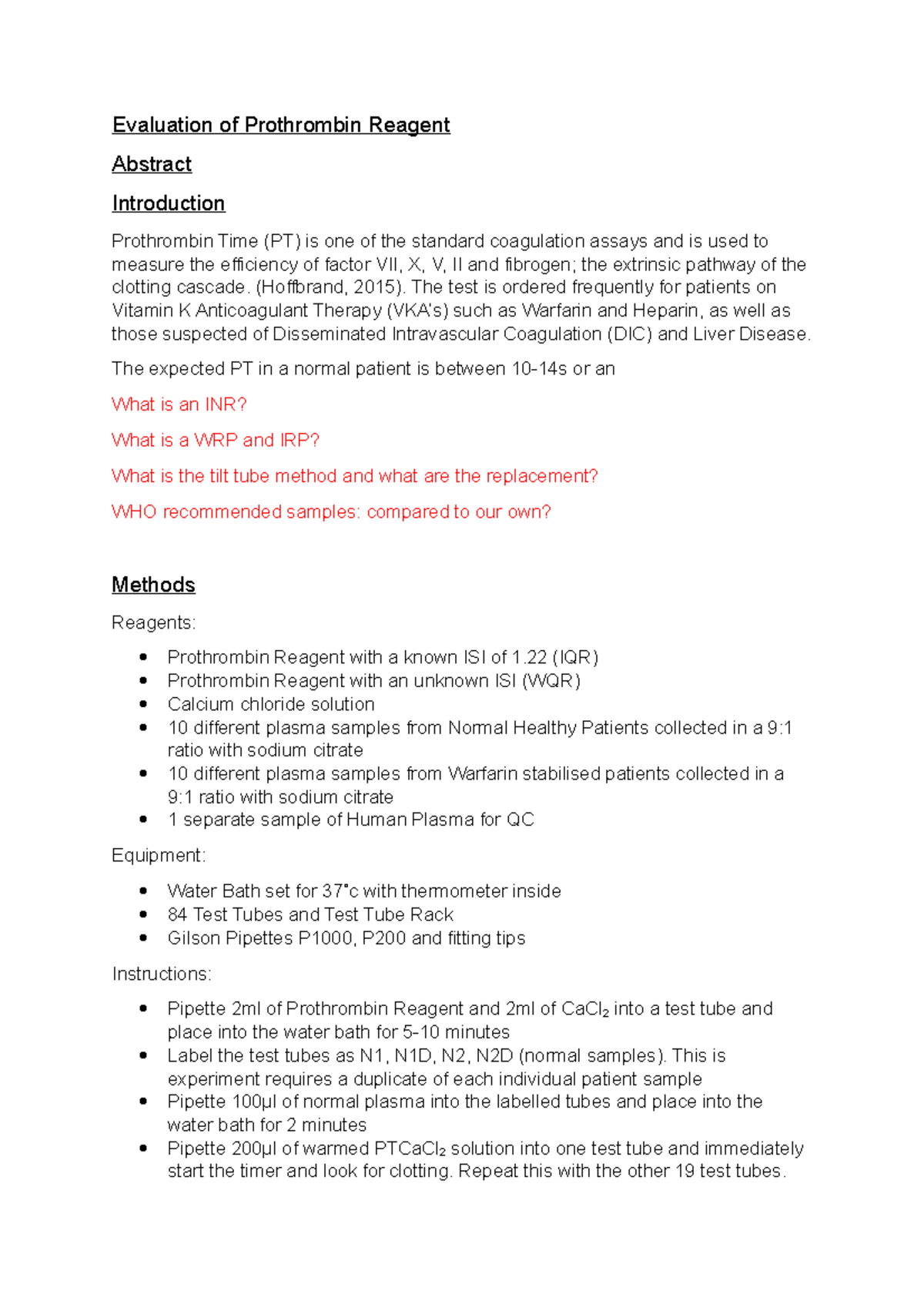 AIBS Lab Report on ProThrombin Time - Evaluation of Prothrombin Reagent ...