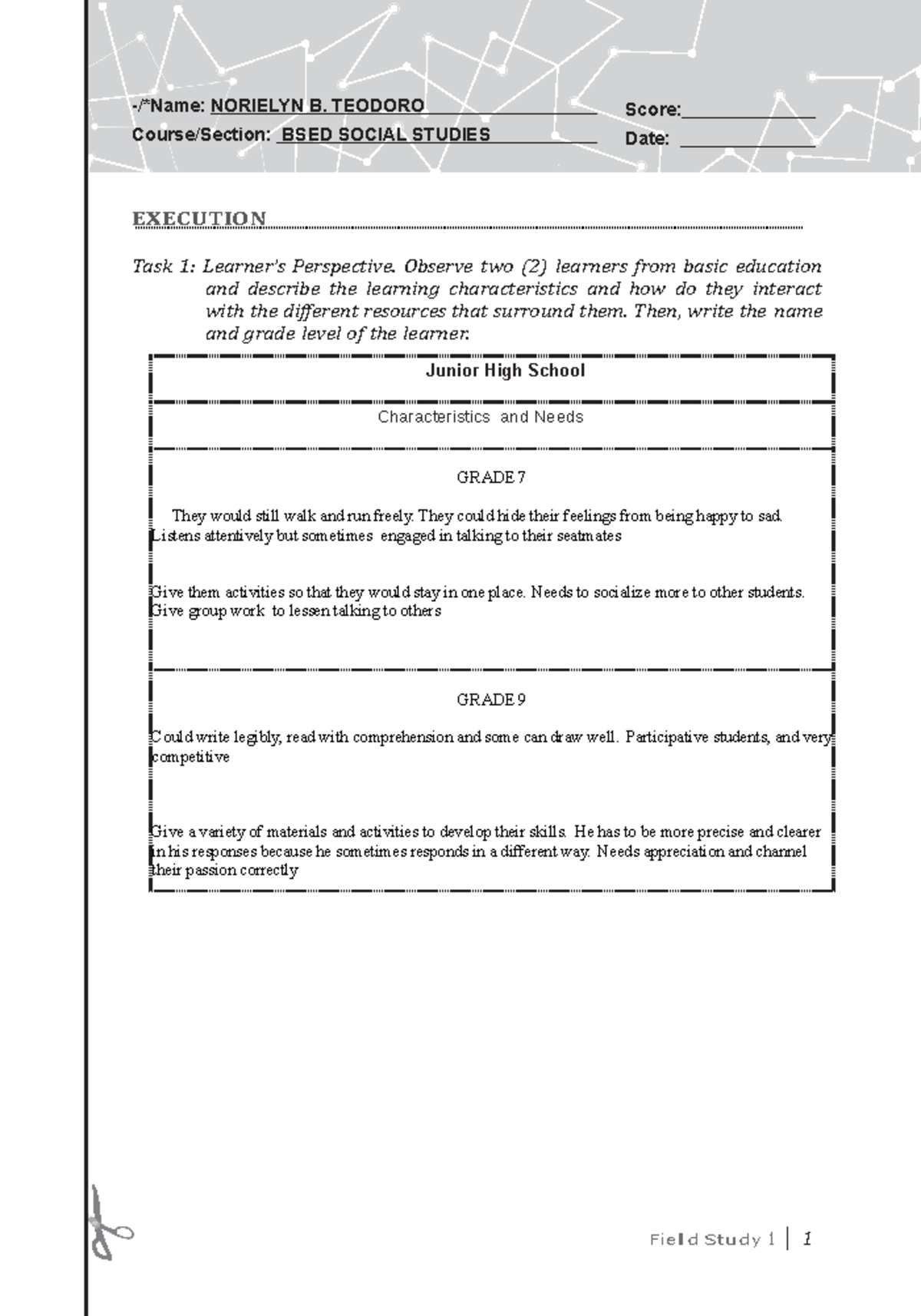 4 Chapter 1.2 Activ done -/*Name: NORIELYN B. TEODORO Course/Section: BSED SOCIAL STUDIES Score ...