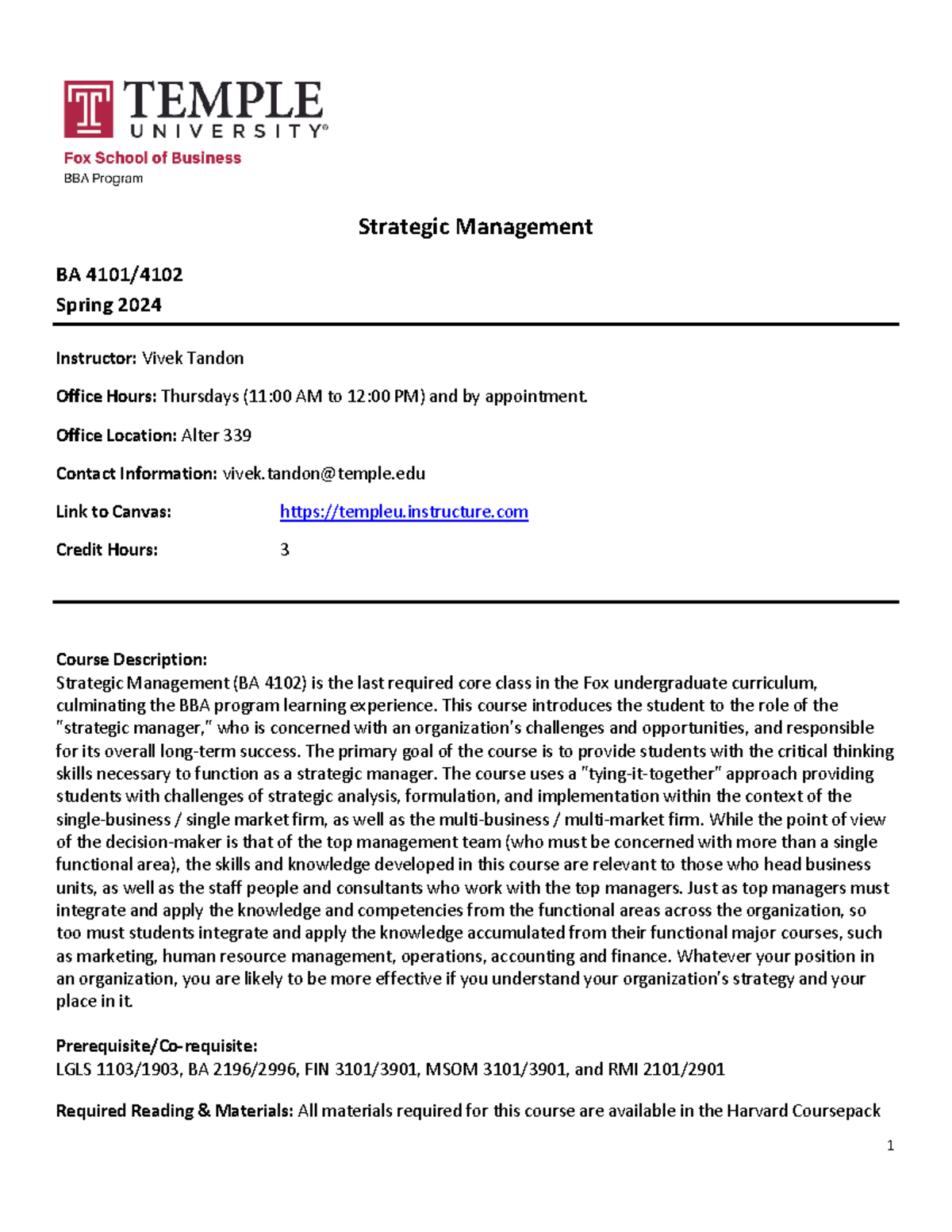 BA 4101 4102 Syllabus Tandon - Strategic Management BA 4101/ Spring ...
