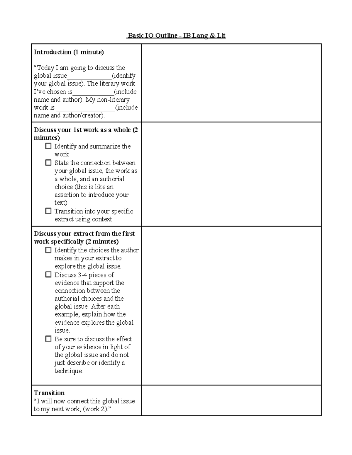 Individual Oral - Practice - Basic IO Outline - IB Lang & Lit ...