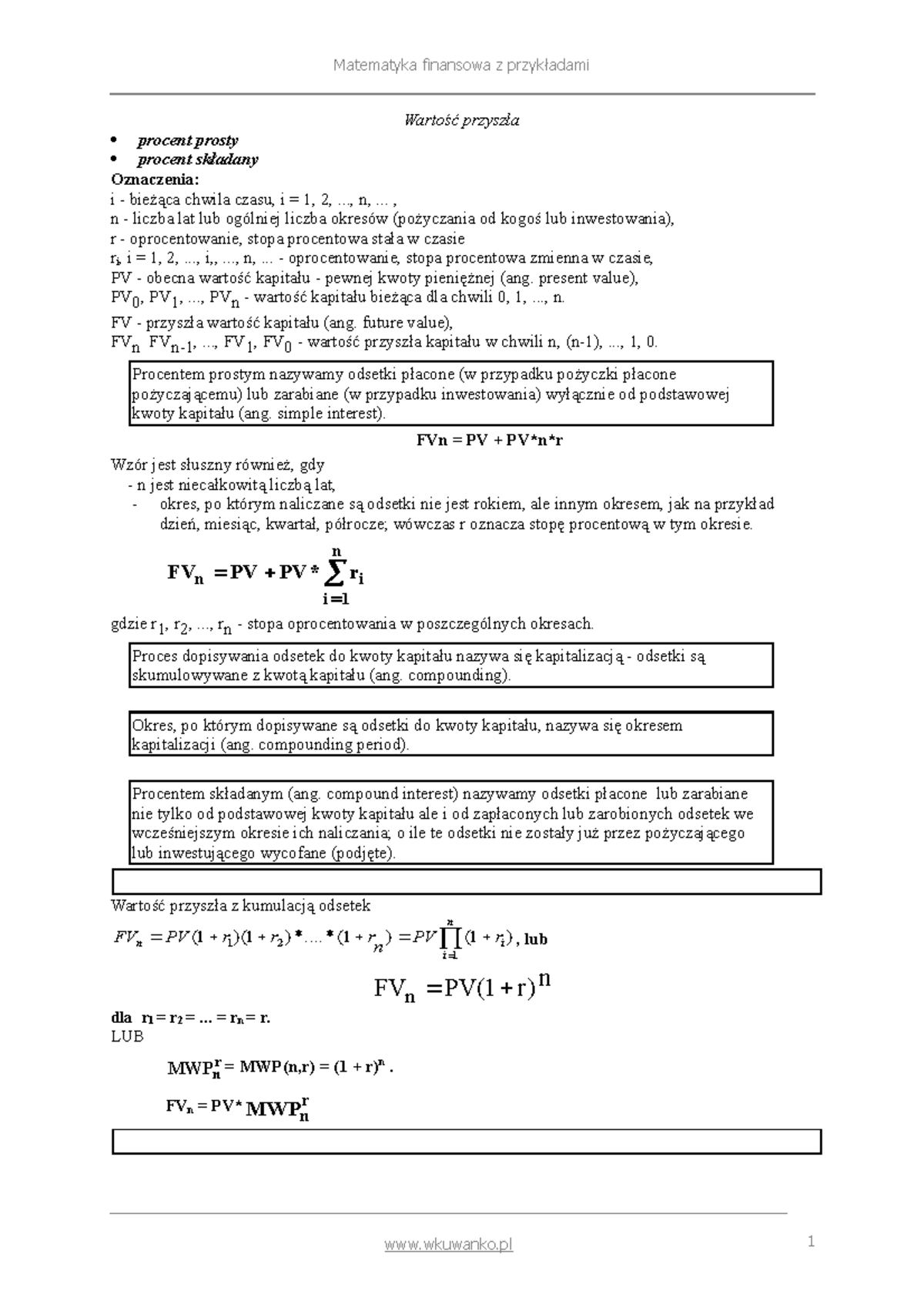 Matematyka finansowa [6 stron] - Wartość przyszła procent prosty ...