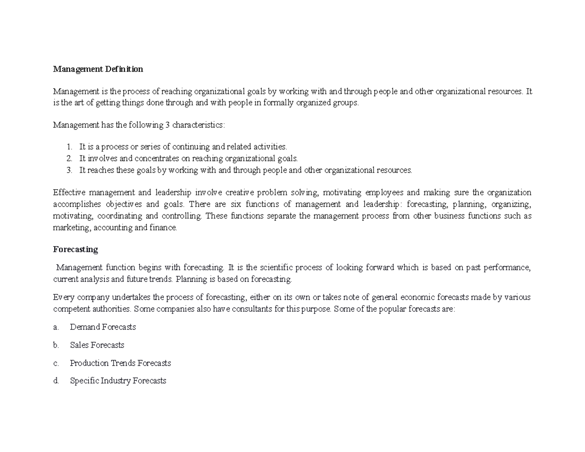 Workshop Organization Management - Management Definition Management is the process of reaching ...