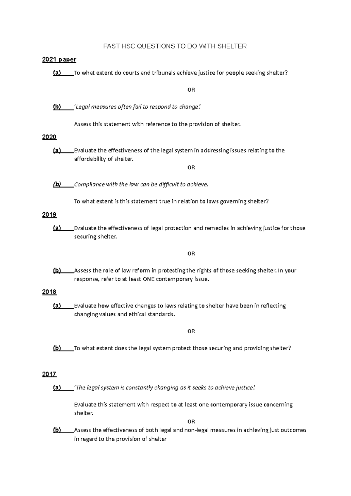 Past HSC Shelter Questions - PAST HSC QUESTIONS TO DO WITH SHELTER 2021 ...