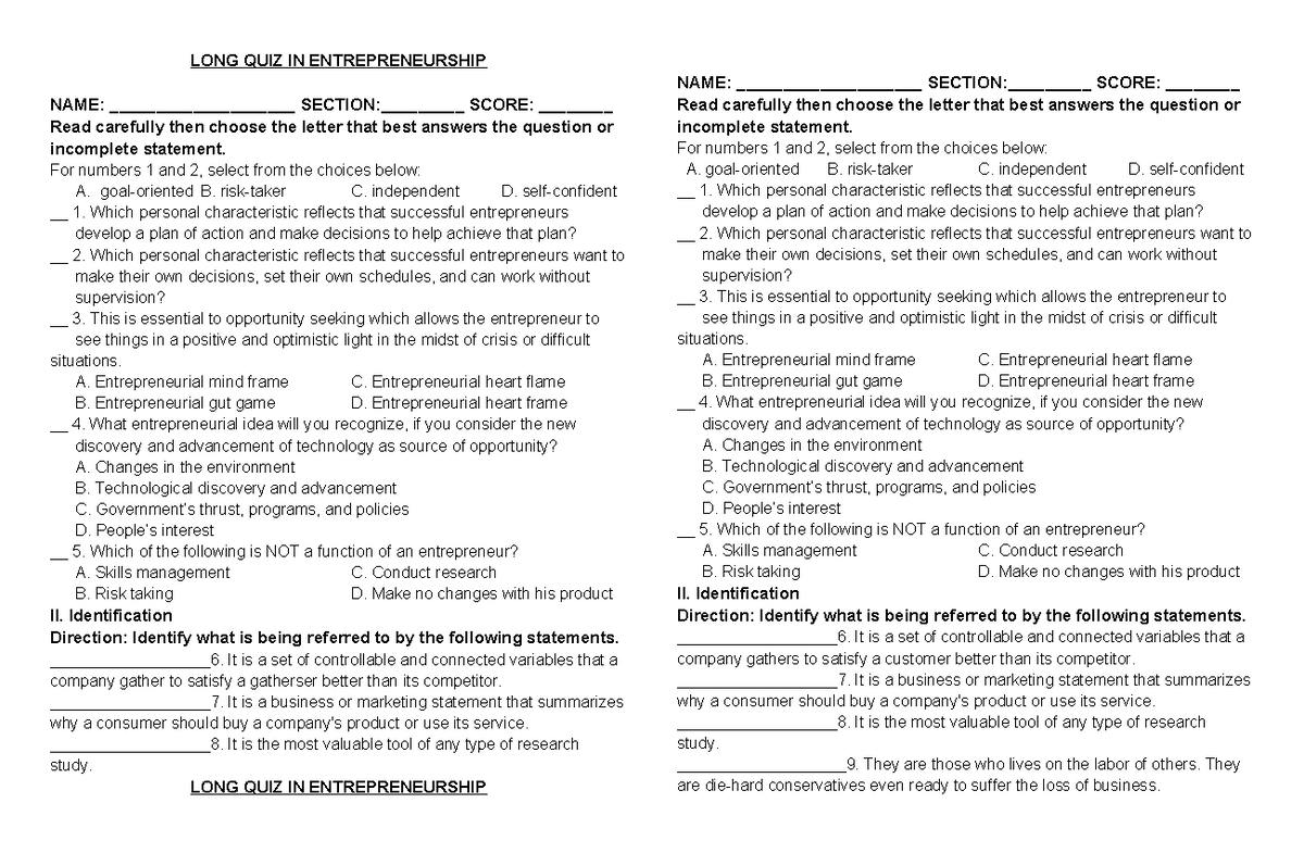 Long Quiz 3rd Quarter - long quiz - LONG QUIZ IN ENTREPRENEURSHIP NAME