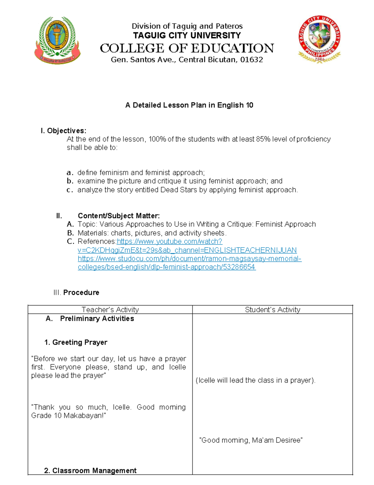 Lesson Plan in English 10 - TAGUIG CITY UNIVERSITY COLLEGE OF EDUCATION ...