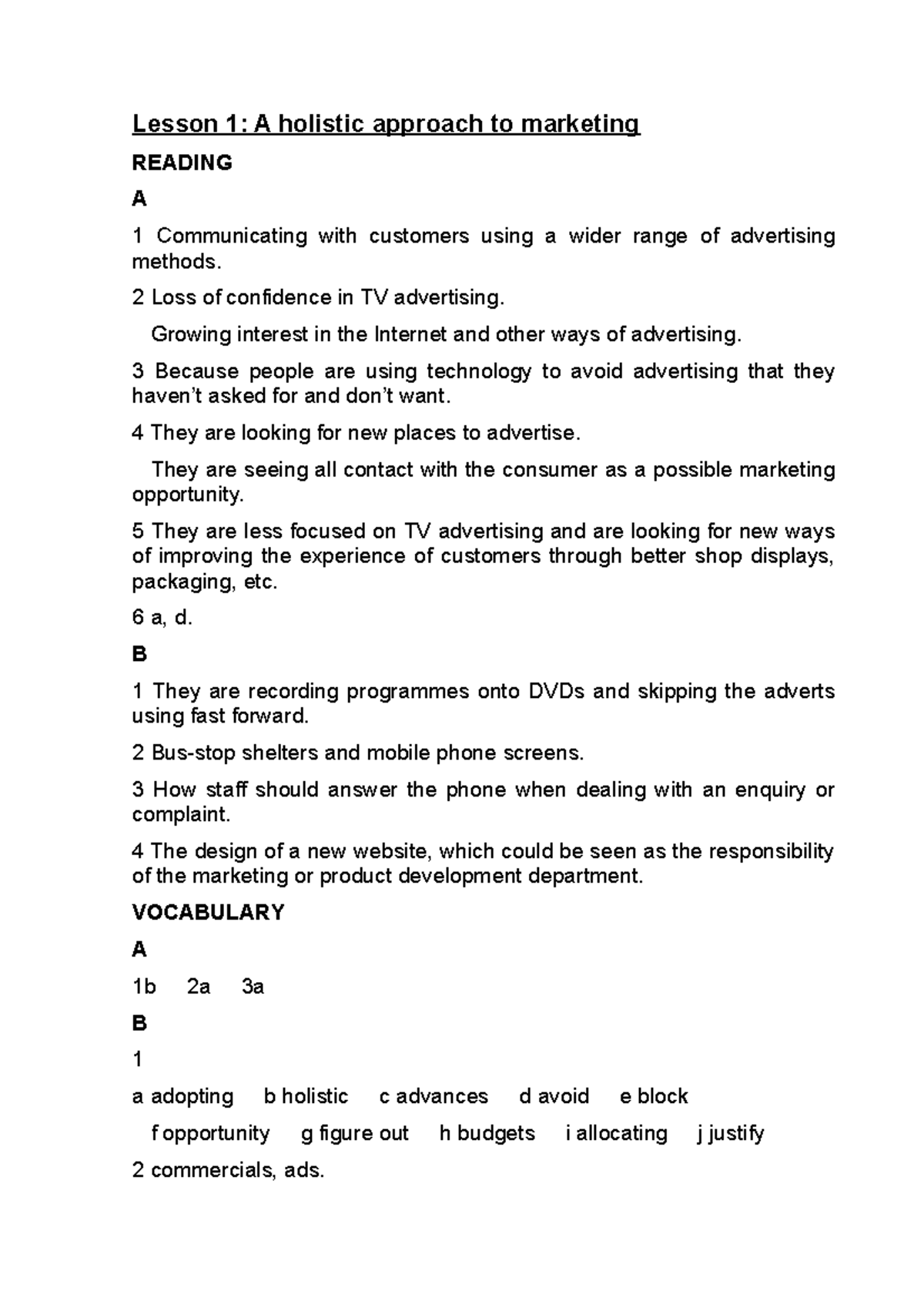 Answer to Reading Lessons - Lesson 1: A holistic approach to marketing ...