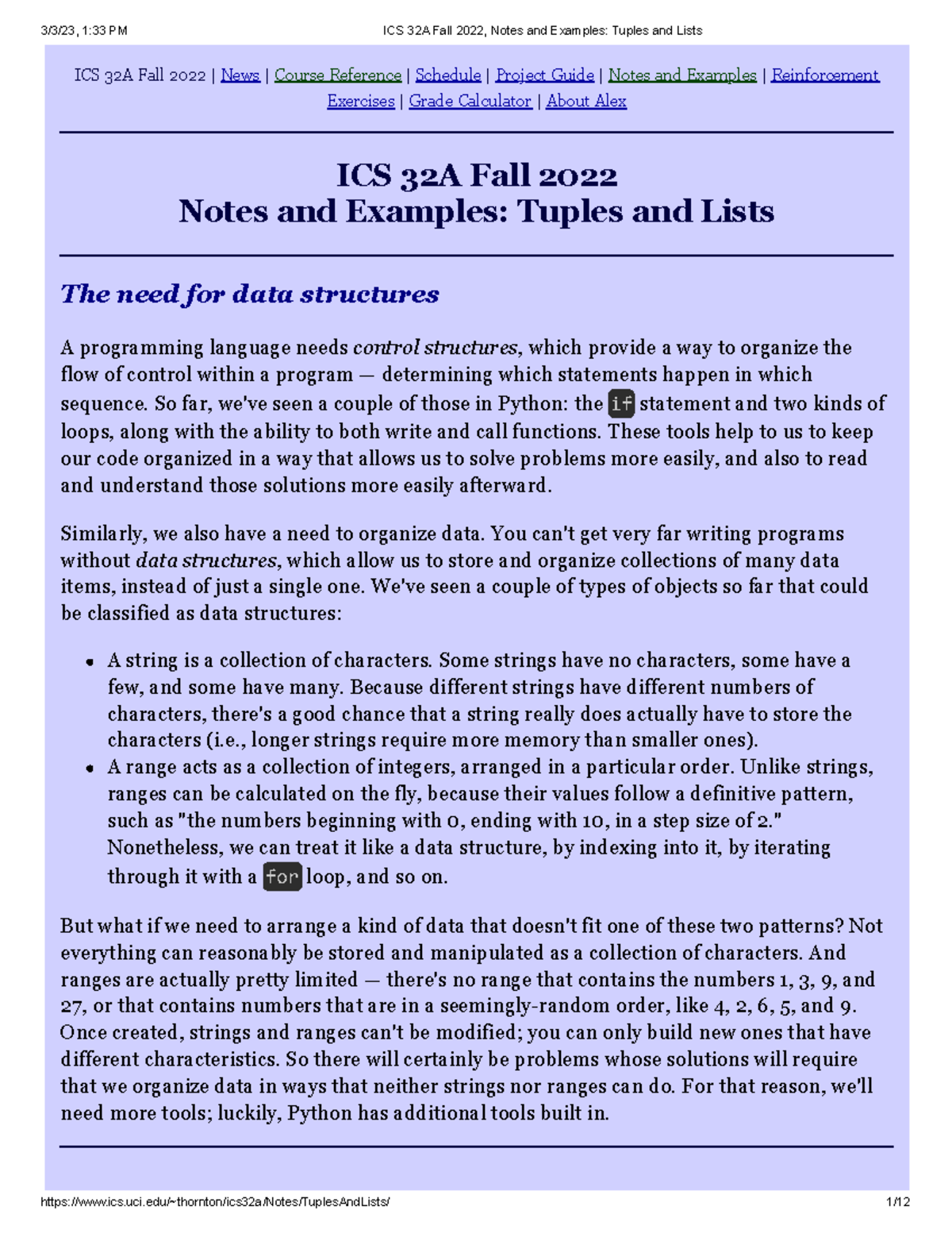 ICS 32A Fall 2022, Notes and Examples Tuples and Lists - ICS 32A Fall ...