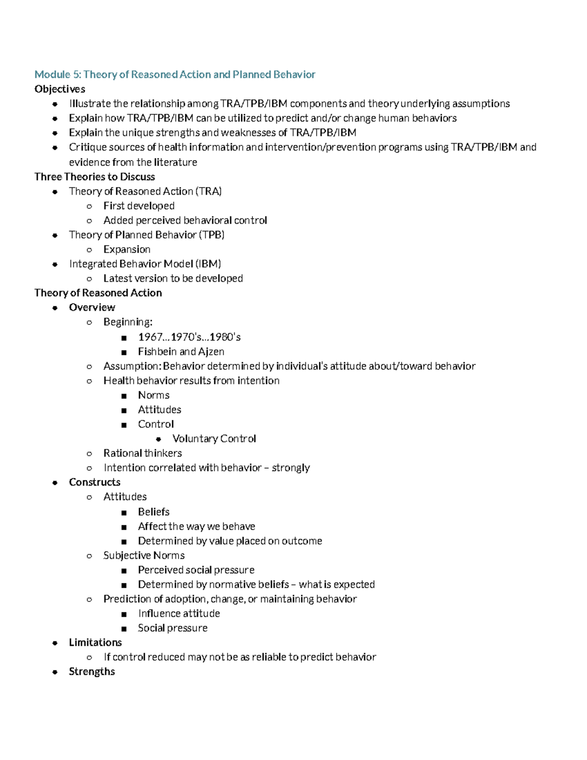 Module 5 Theory of Reasoned Action and Planned Behavior - .’s..’s Fishbein and Ajzen Assumption ...