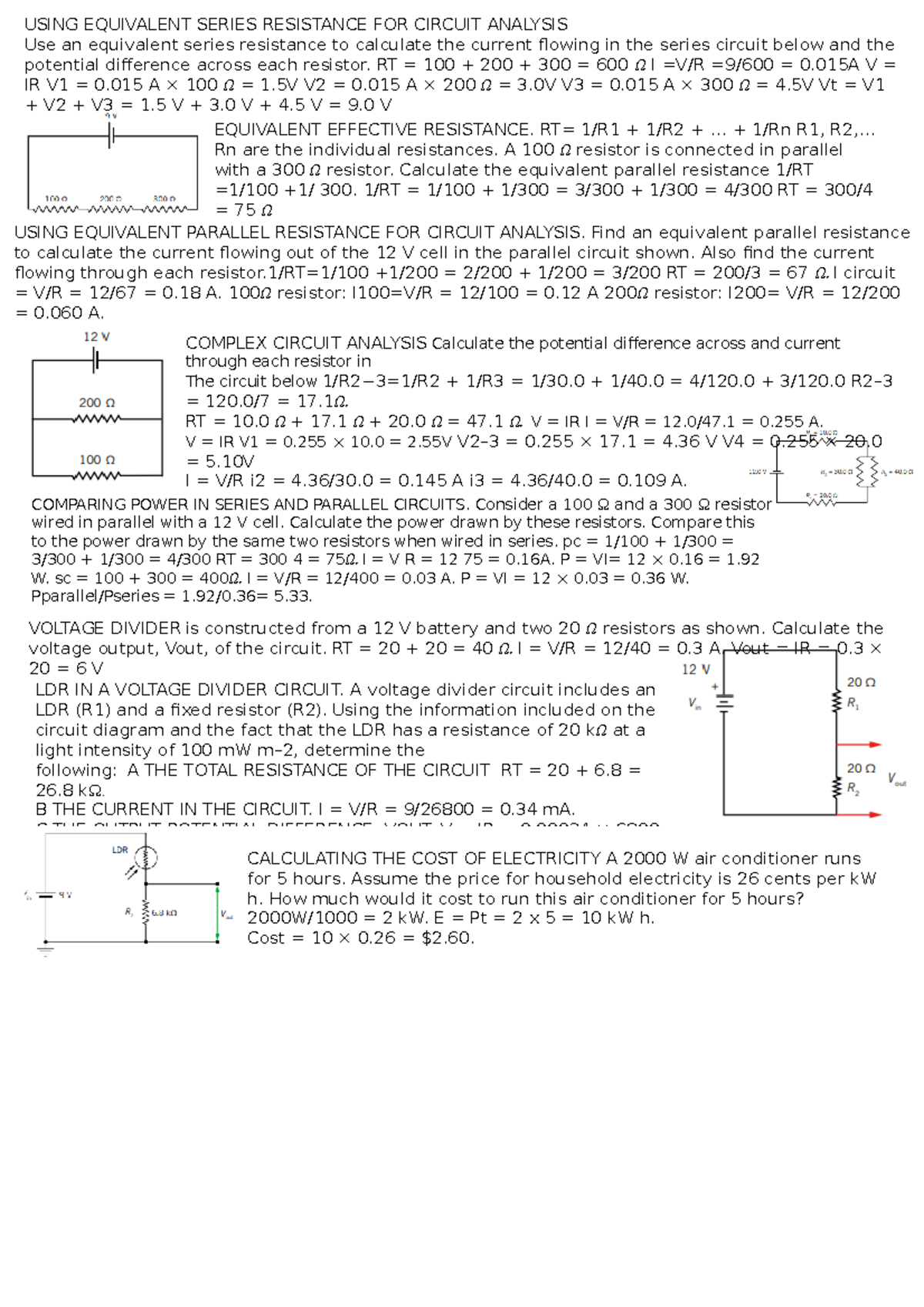 Physics SAC cheat sheet - CALCULATING THE COST OF ELECTRICITY A 2000 W air conditioner runs for ...
