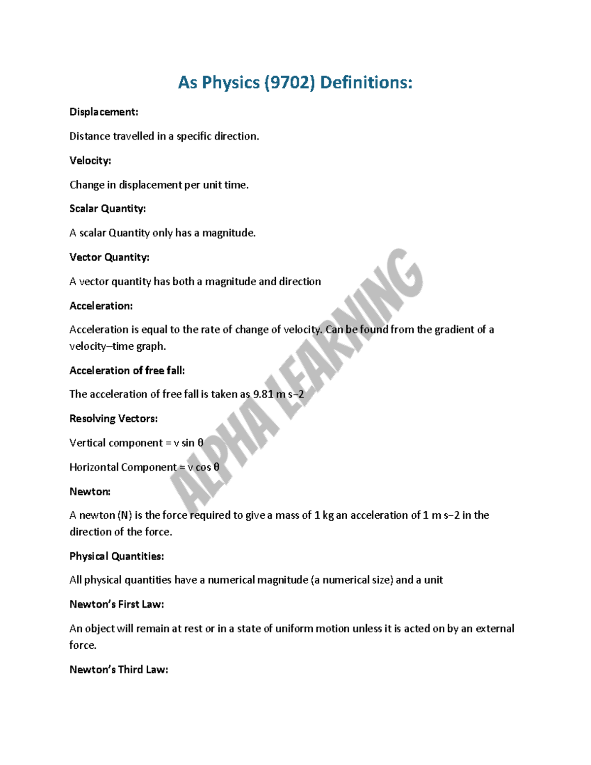 As Physics Definitions combined - As Physics (9702) Definitions: Displacement: Distance ...