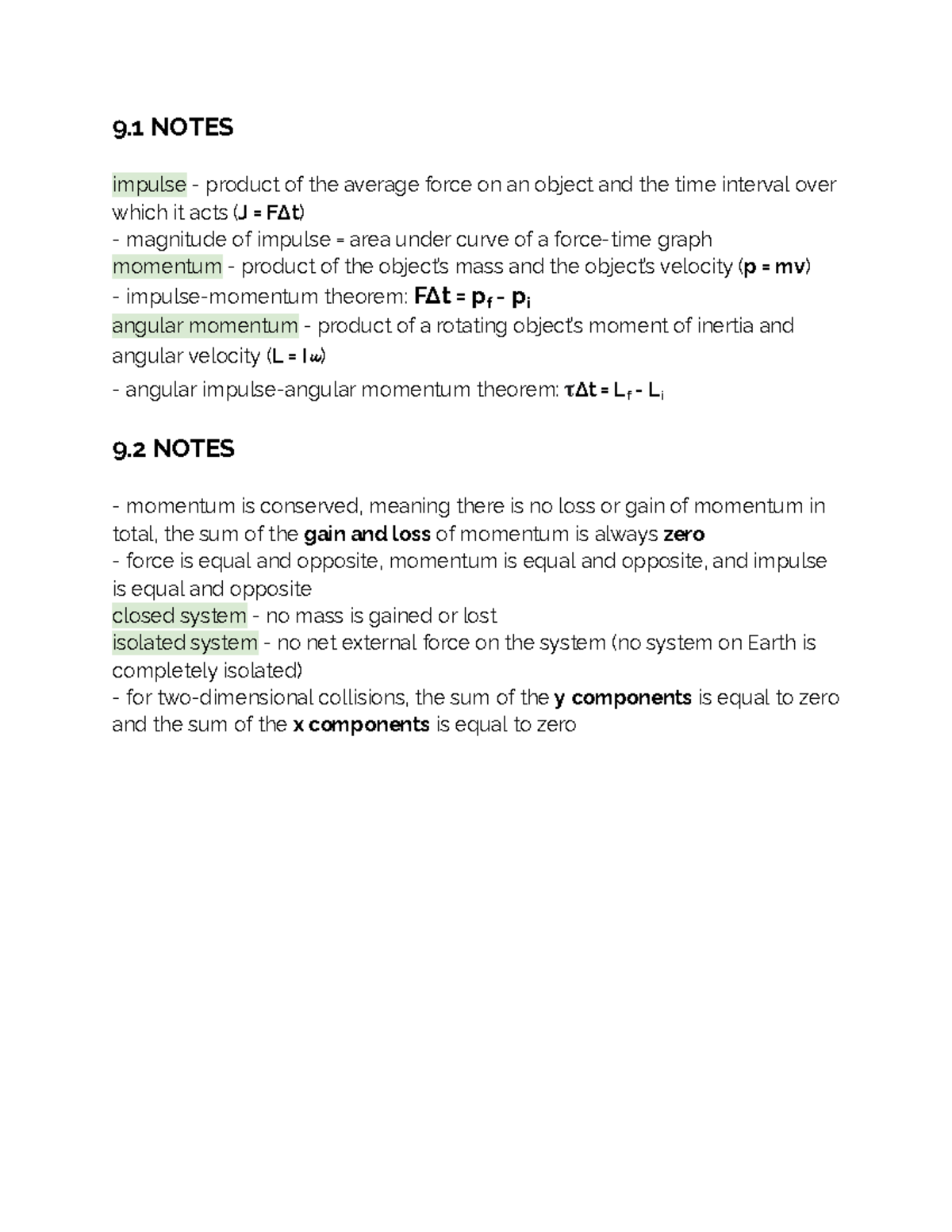 Physics Honors - Chapter 9 - Momentum - 9 NOTES impulse - product of ...
