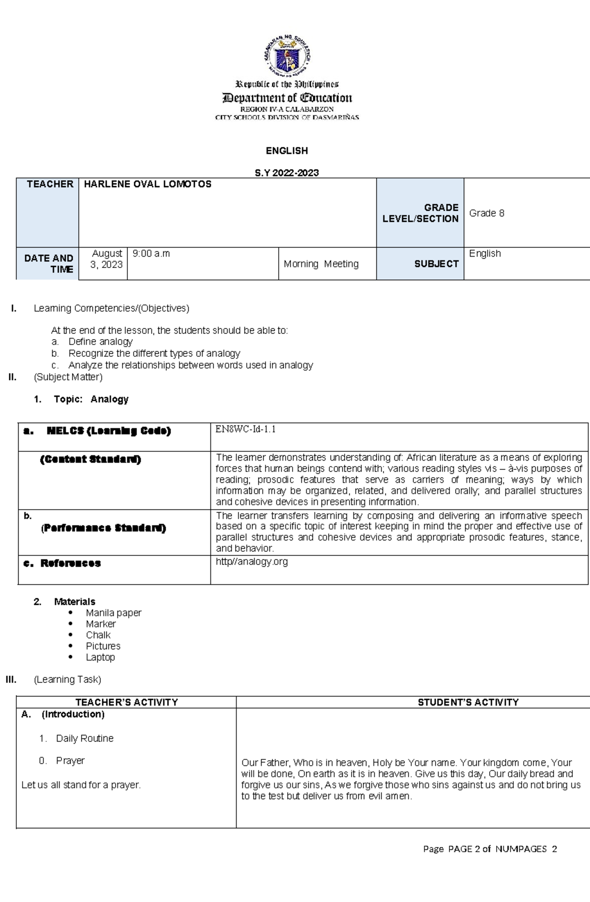 Printing- Analogy - nothing follows - ENGLISH S 2022- TEACHER HARLENE ...
