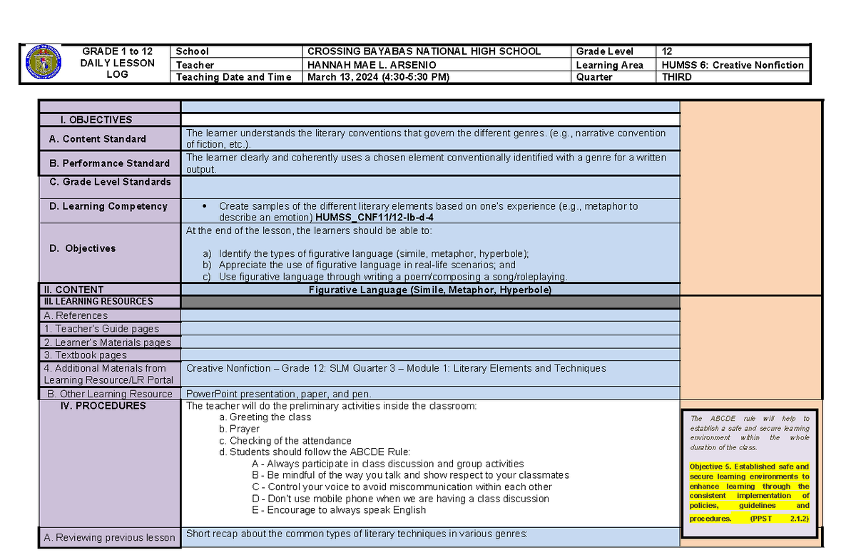 COT3-DLP- Arsenio - GRADE 1 to 12 DAILY LESSON LOG School CROSSING ...