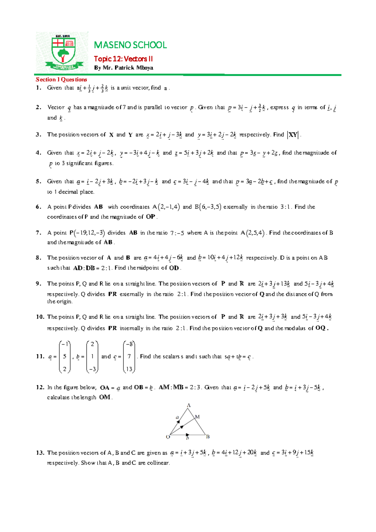 Vectors 2 - xcv fbgv - MASENO SCHOOL Topic 12 : Vectors II By Mr ...
