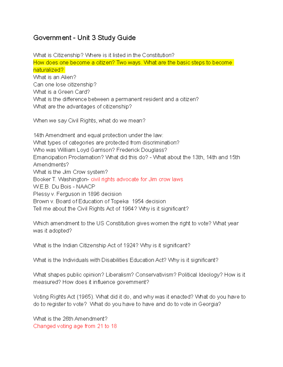 Copy of Gov Unit 3 Study Guide - Government - Unit 3 Study Guide What ...