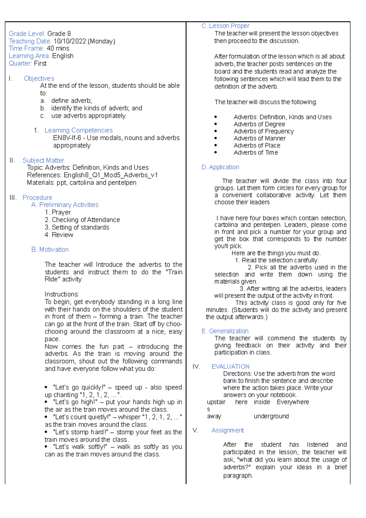 G8 - Lesson Plan - EN8V-If-6 - Use modals, nouns and adverbs ...