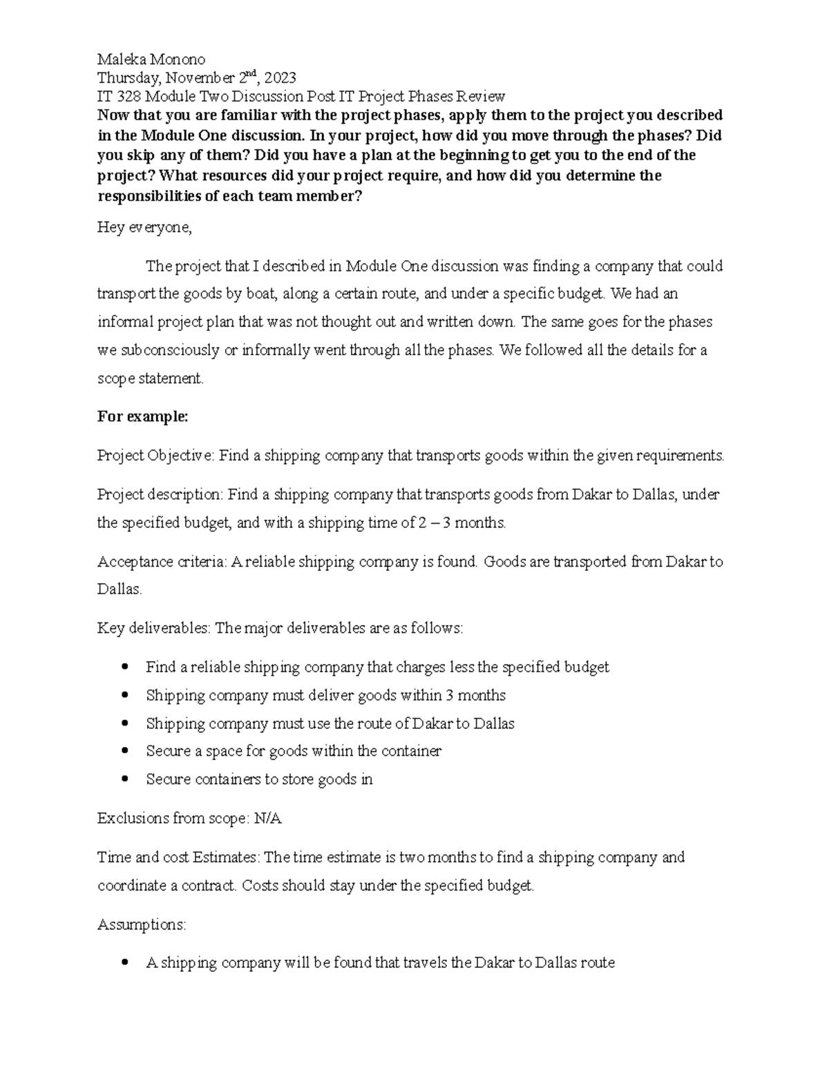 IT 328 Module Two Discussion Post IT Project Phases Review - In your ...