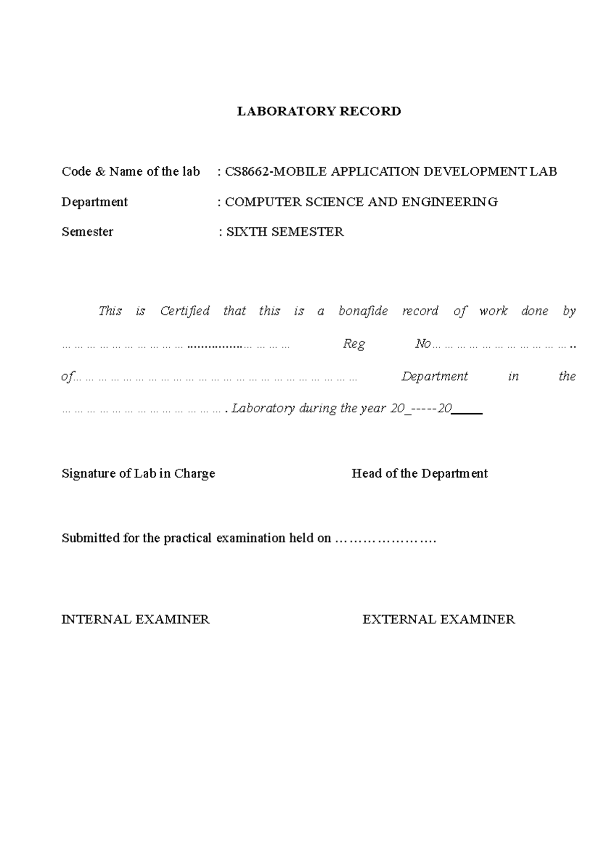 MAD Laboratory Record - LABORATORY RECORD Code & Name of the lab ...