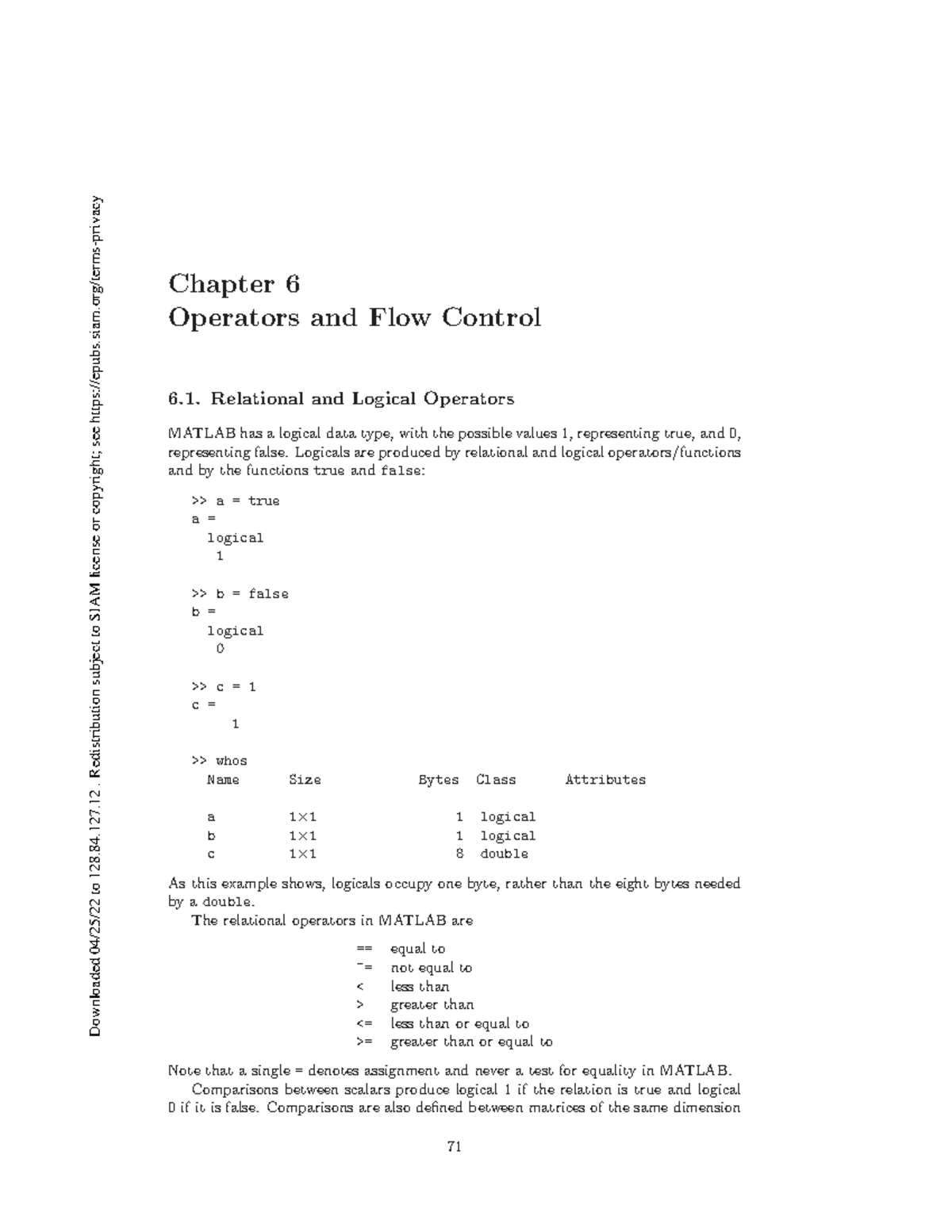 1 - How to use Matlab for studying electromagnetic fields. - Chapter 6 Operators and Flow ...