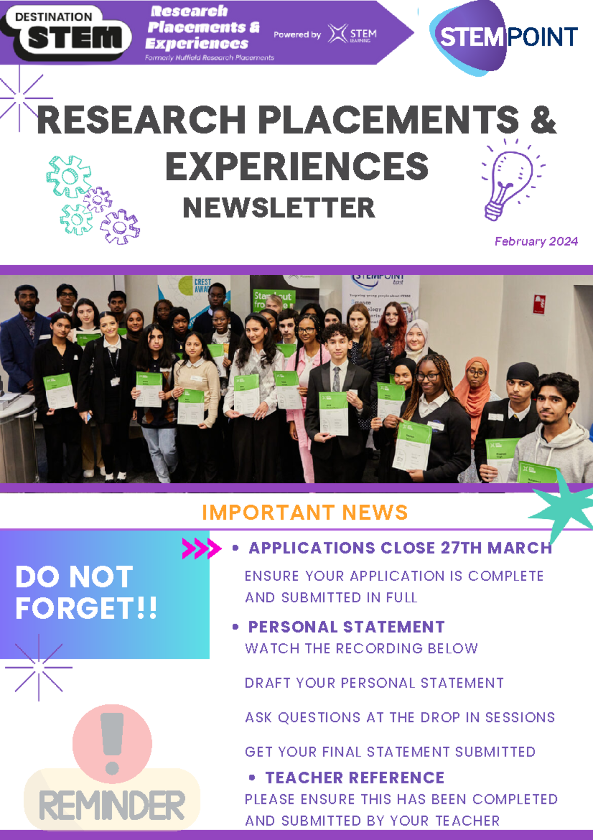 February Newsletter 2024 - Research Placements & Experiences - APPLICATIONS CLOSE 27TH MARCH ...