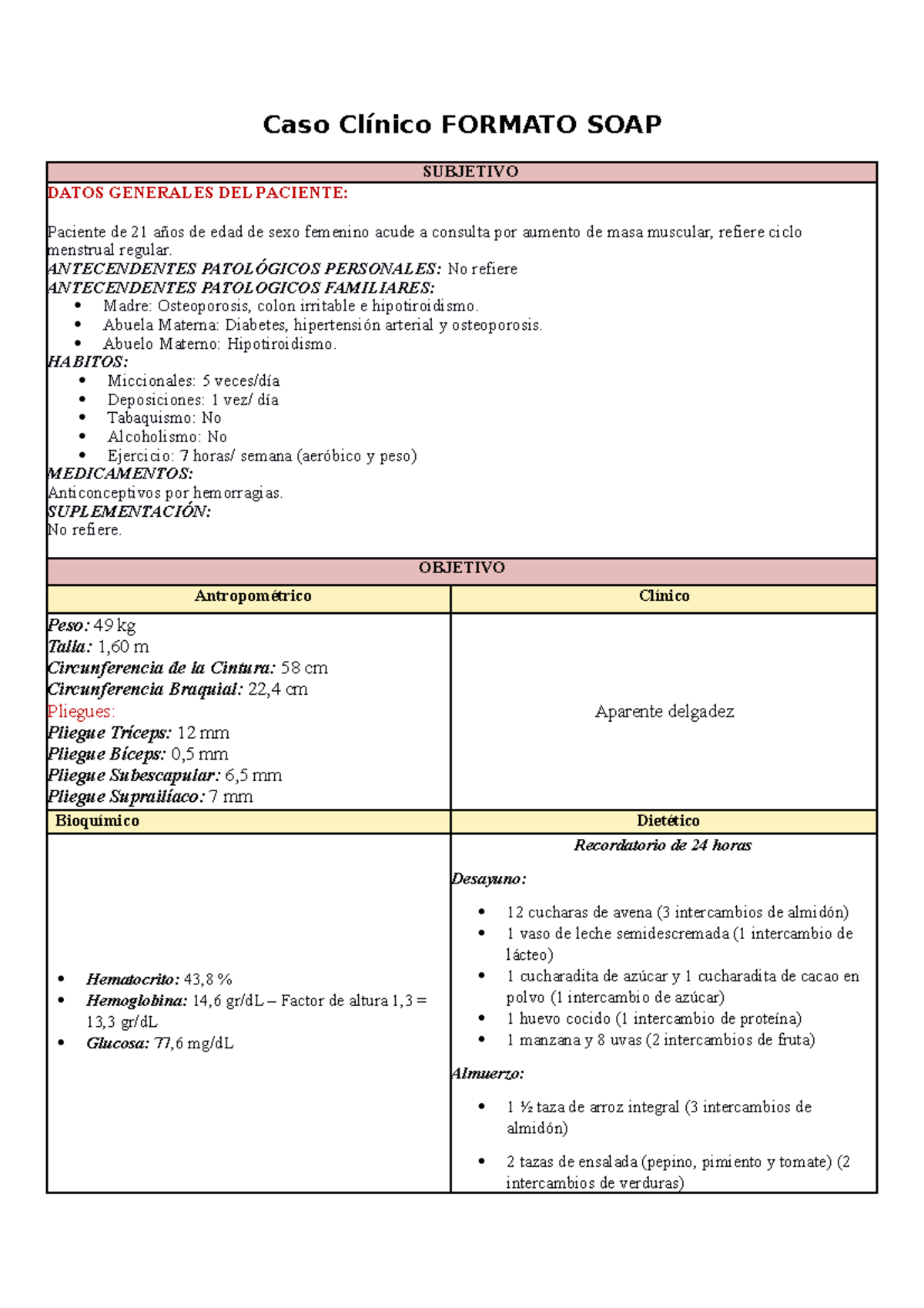 Caso Clínico Nivelación - Caso Clínico FORMATO SOAP ####### SUBJETIVO ...