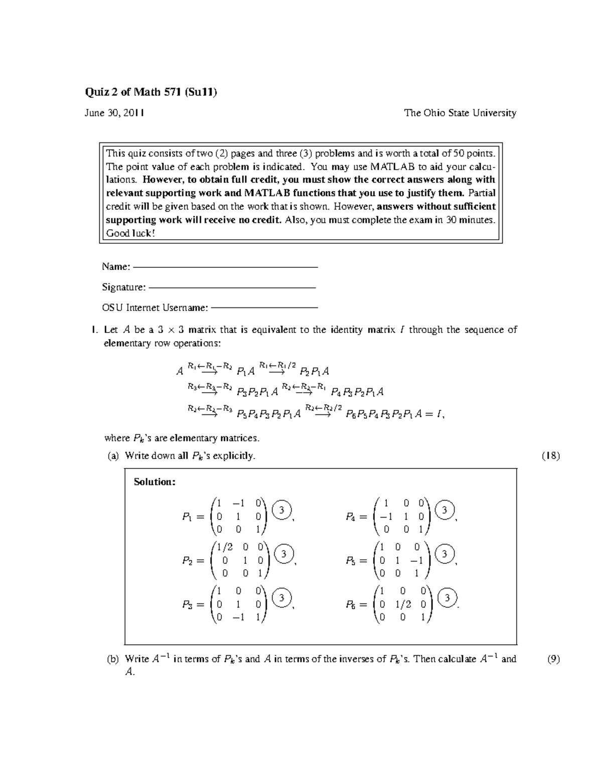 Seminar assignments - Quiz 1 - 4 with solutions - Quiz 2 of Math 571 ...