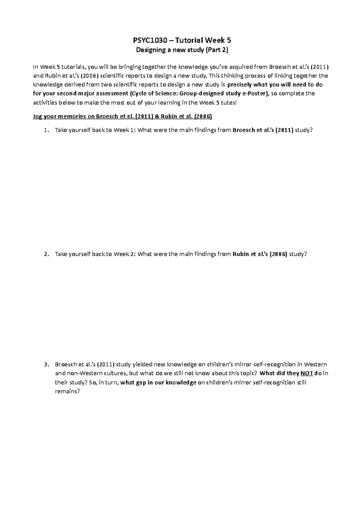 prep activity for week 5 - PSYC1030 – Tutorial Week 5 Designing a new study (Part 2) In Week 5 ...