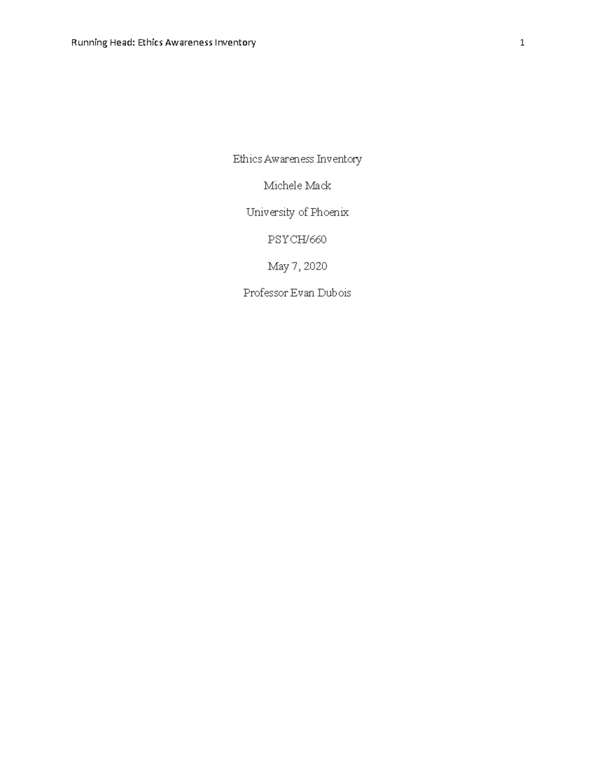 Ethics Awareness Inventory - Ethics Awareness Inventory Michele Mack ...