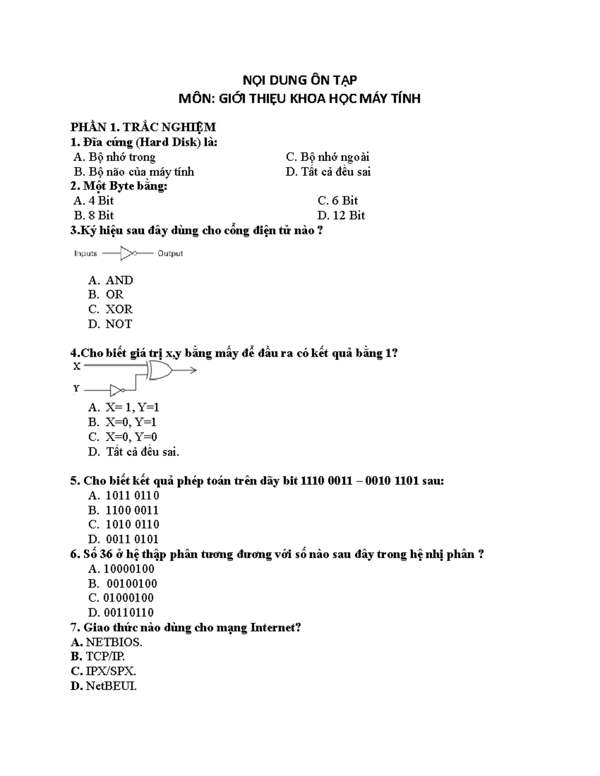 CS100 Ontap 2022 - hay - N ỘI DUNG ÔN T ẬP MÔN: GI ỚI THI U KHOA H Ệ ỌC MÁY TÍNH PHẦN 1. TRẮC ...