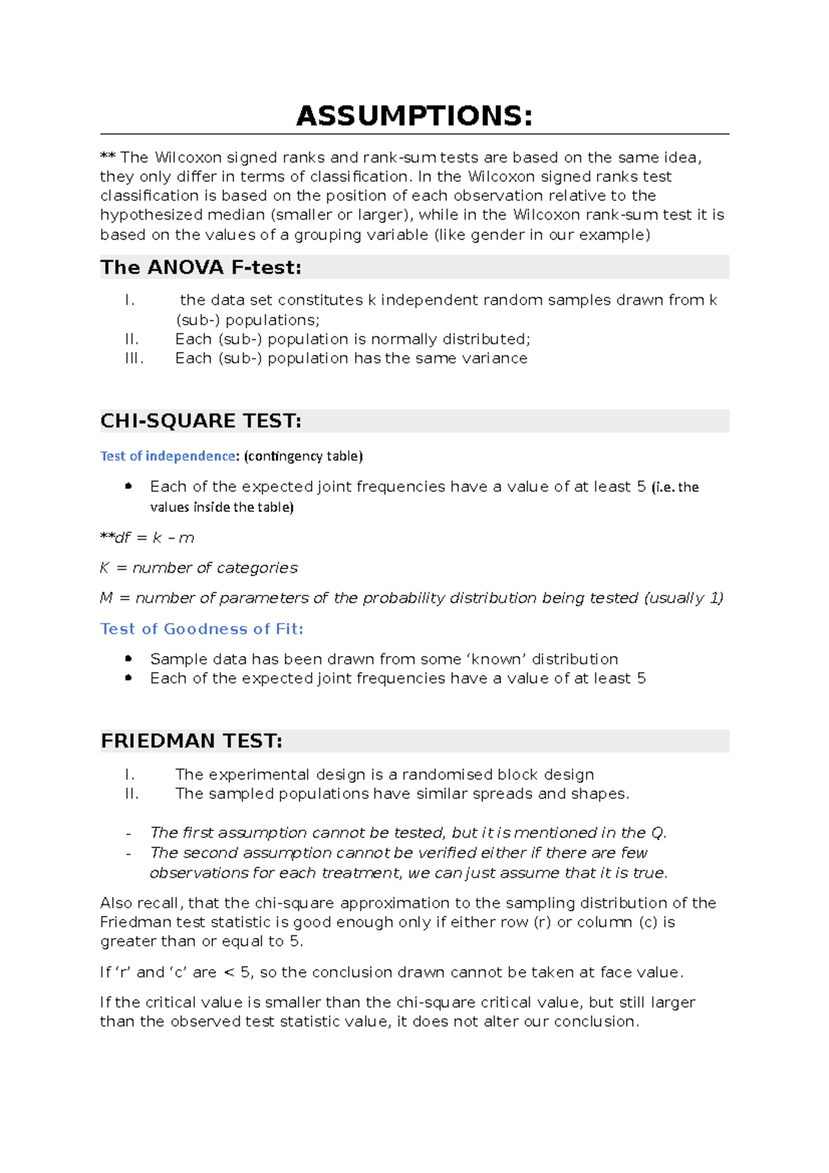 Assumptions - ASSUMPTIONS: ** The Wilcoxon signed ranks and rank-sum ...