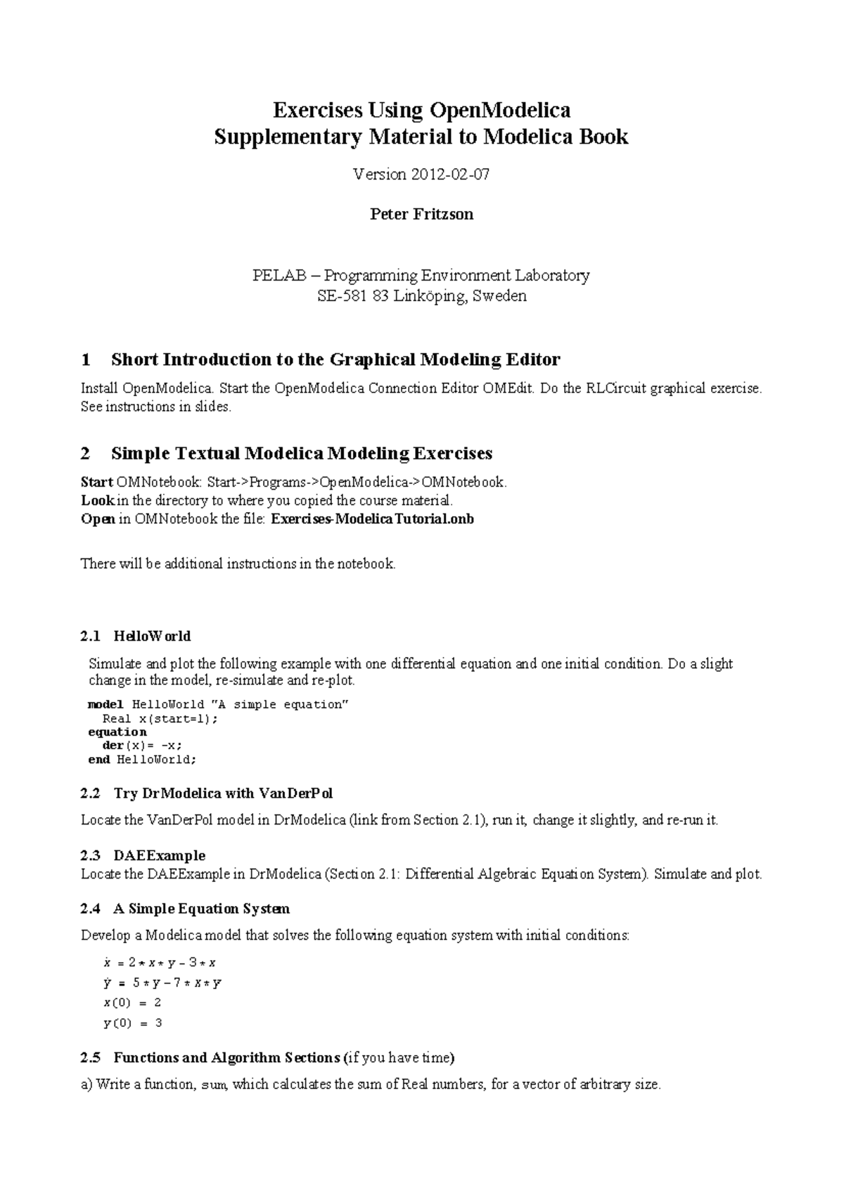 Exercises-Modelica Tutorial - Exercises Using OpenModelica ...