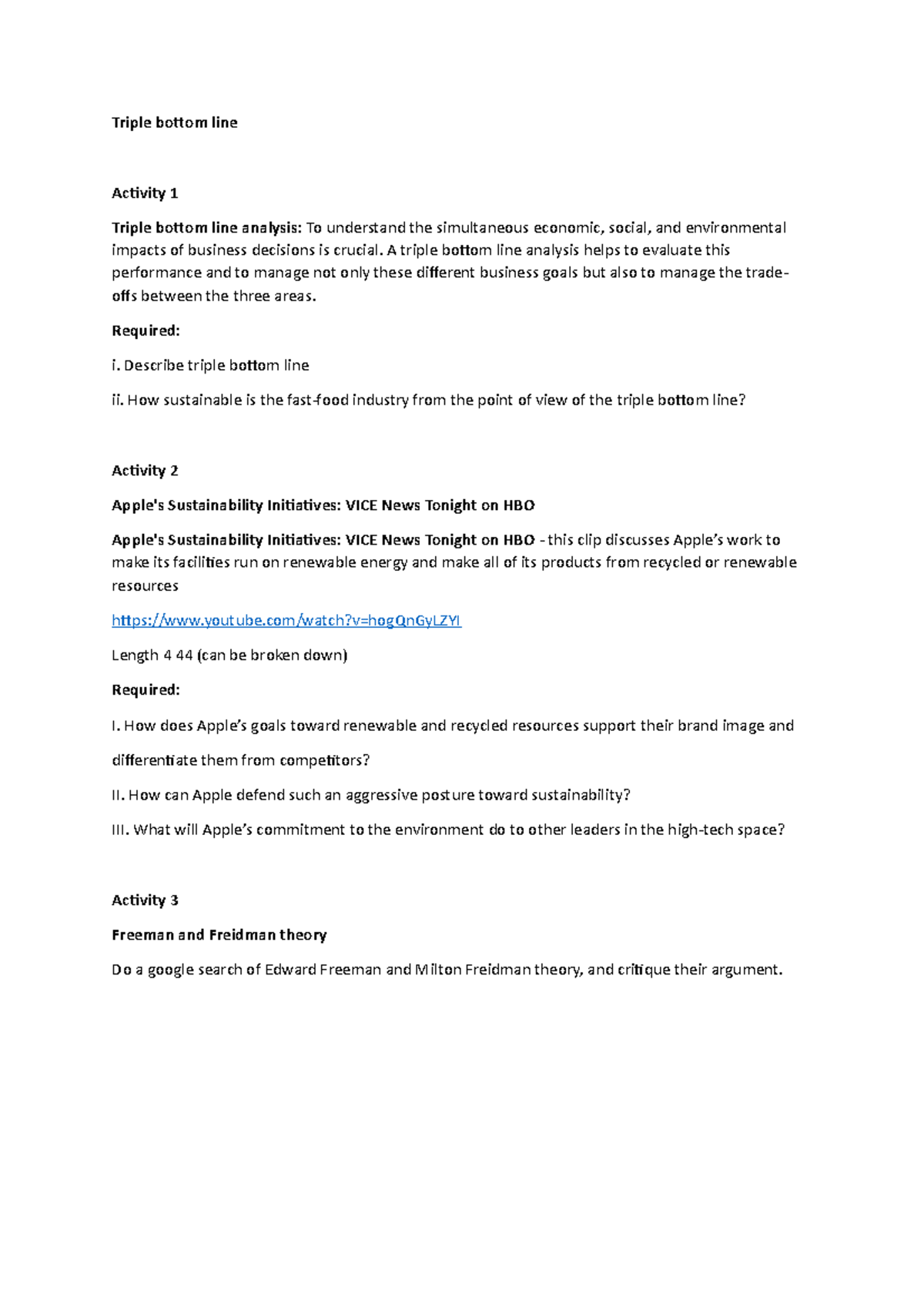 CSR Tripple bottom line question - Triple bottom line Activity 1 Triple ...