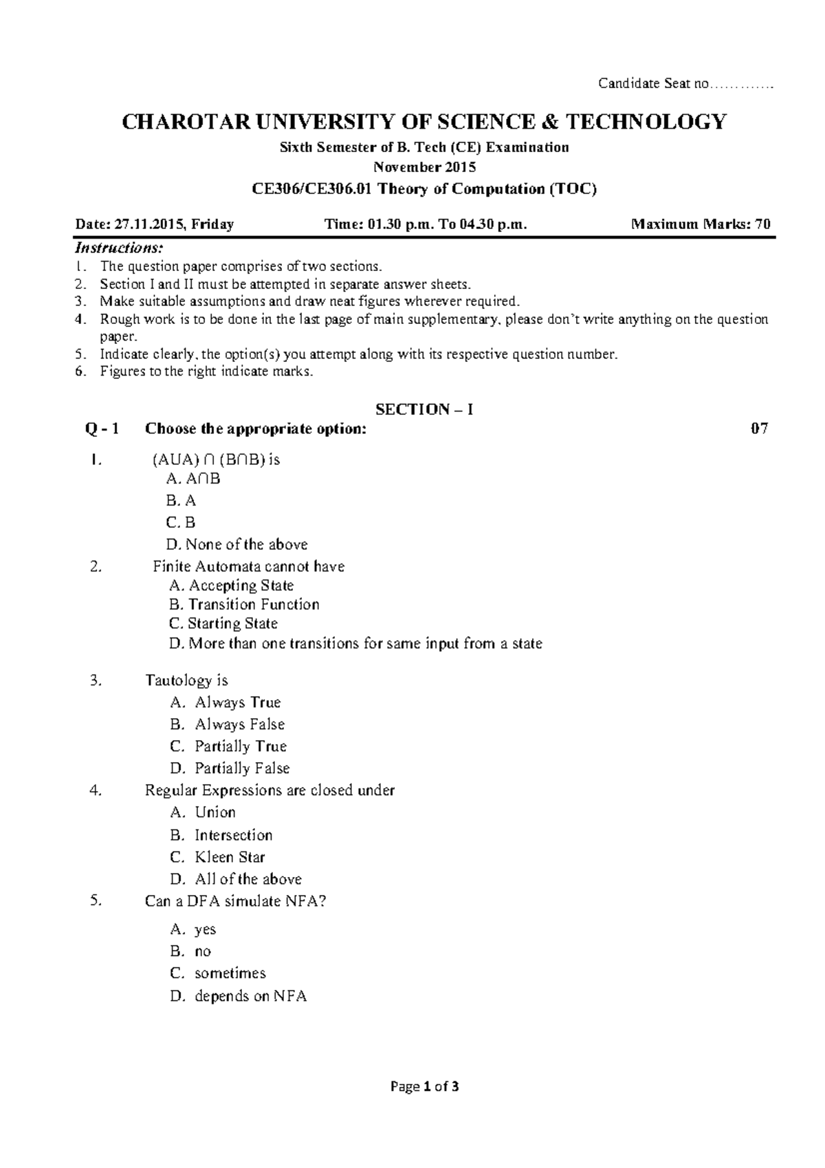 2015 Dec CE306 TOC - notes - Page 1 of 3 Candidate Seat no ...