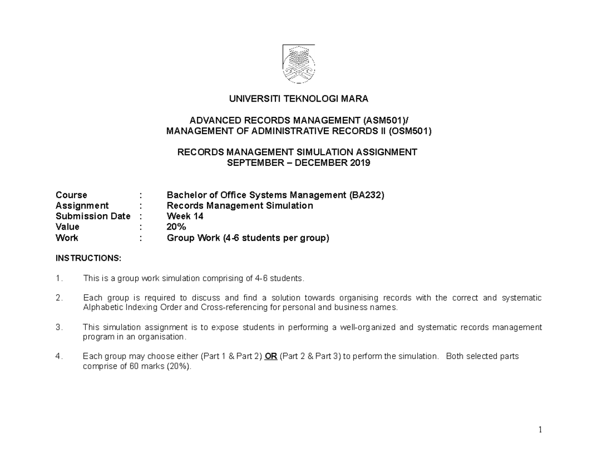 ASM501 Simulation SEP-DEC 2019 asm501 - UNIVERSITI TEKNOLOGI MARA ADVANCED RECORDS MANAGEMENT ...