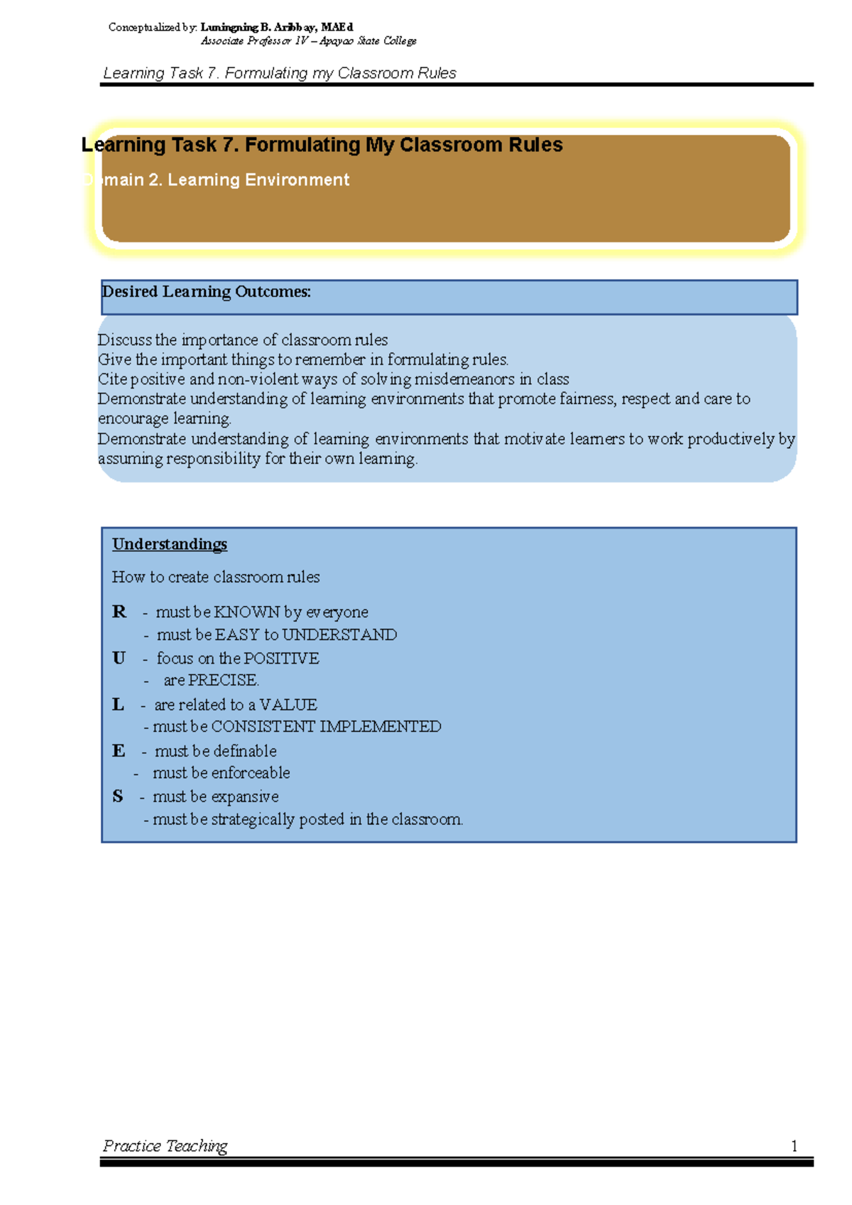 Learning-Task-7 - Discuss the importance of classroom rules Give the important things to ...