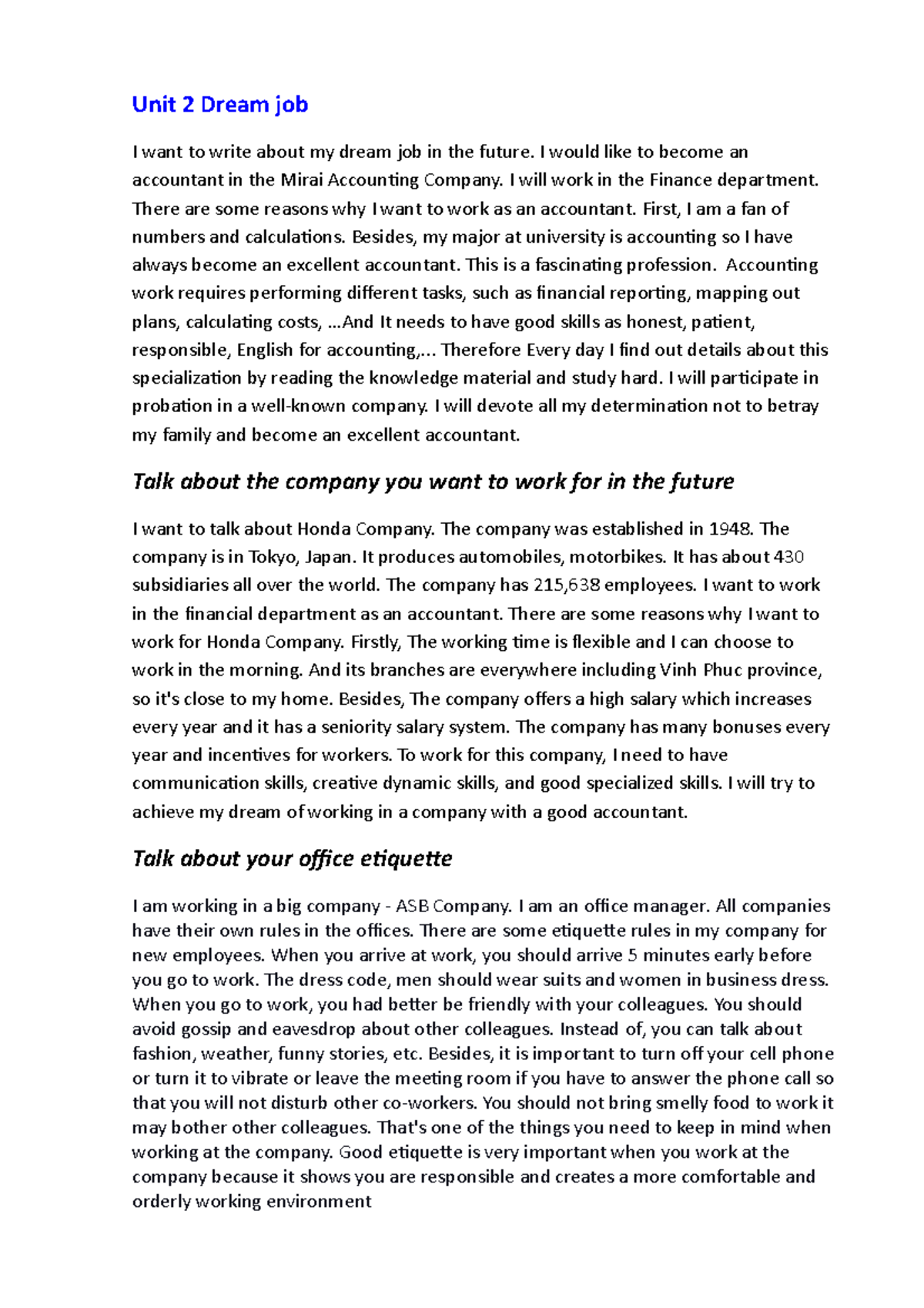 Unit 2 - abc - Unit 2 Dream job I want to write about my dream job in ...