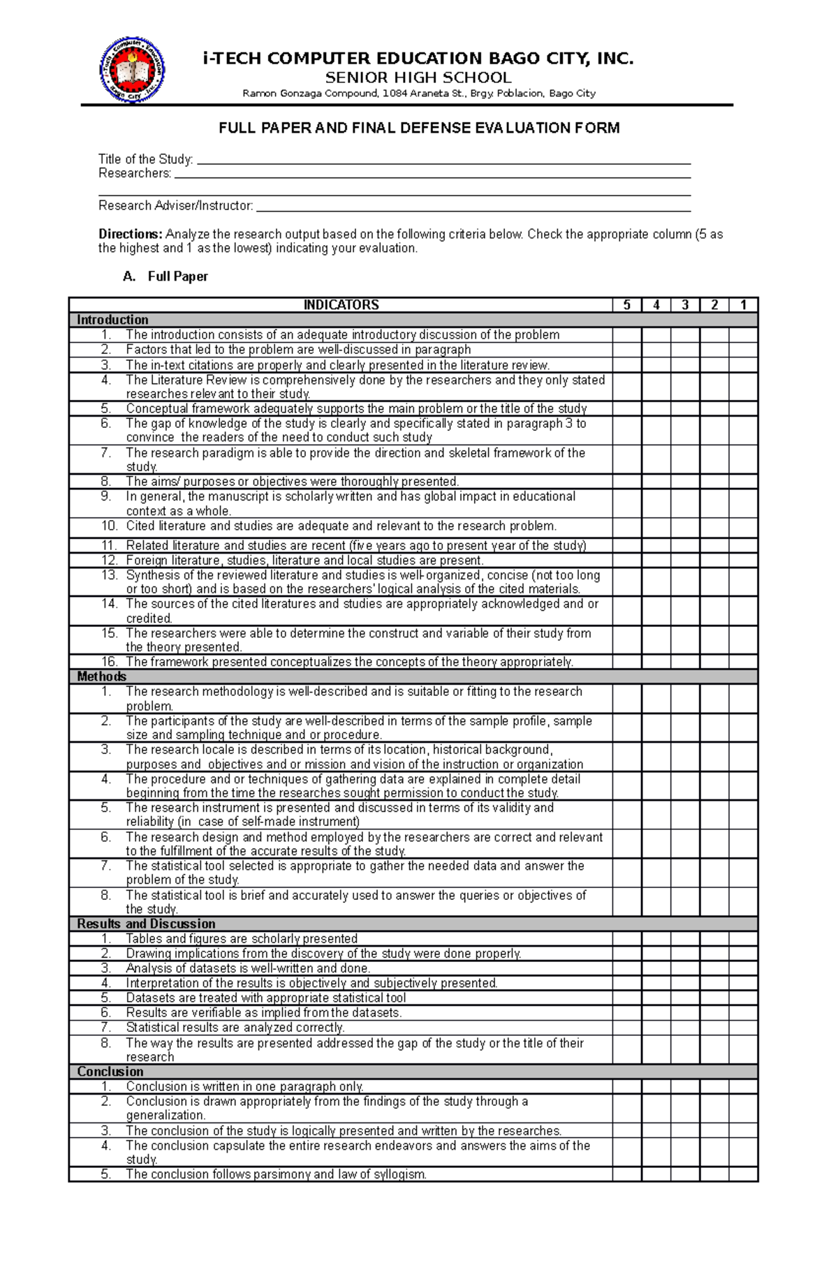 5 Full Paper and Final Defense Evaluation Form - i-TECH COMPUTER EDUCATION BAGO CITY, INC ...